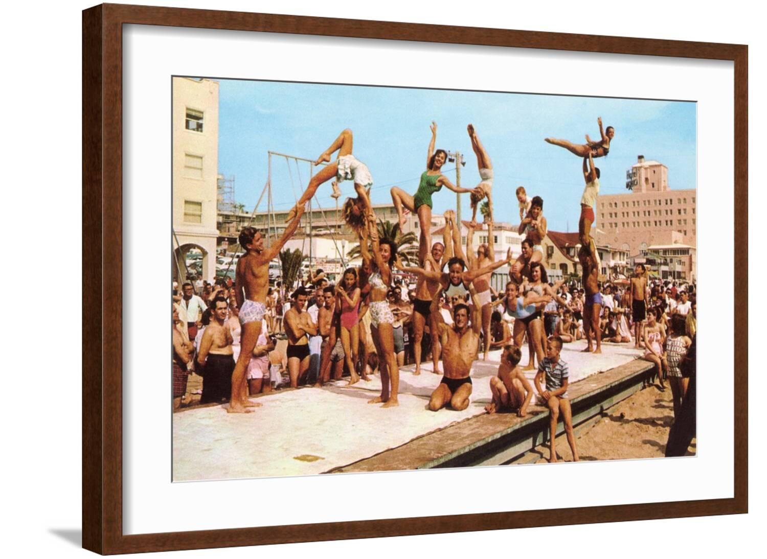 Art.com Venice Beach Acrobatics, Retro Art Print, Brown Frame Wall Art ...