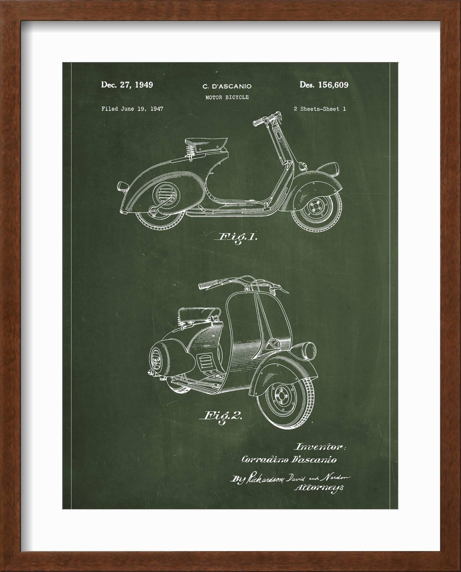 Art.com Vespa Art Print by Patent, Brown Frame Wall Art, 17" x 21 ...