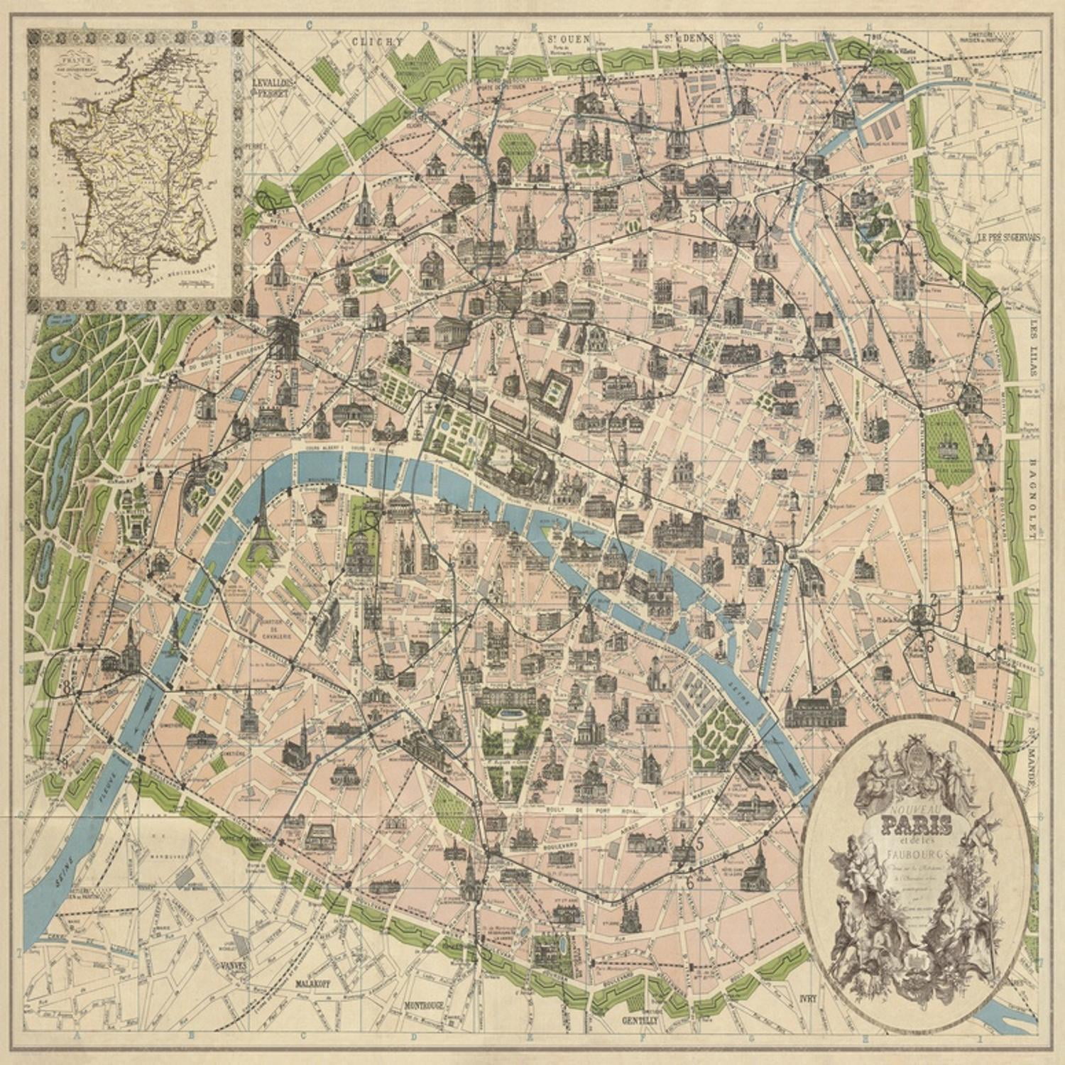 Art.com Vintage Paris Map Art Print by The Vintage Collection, 24" x 24 ...