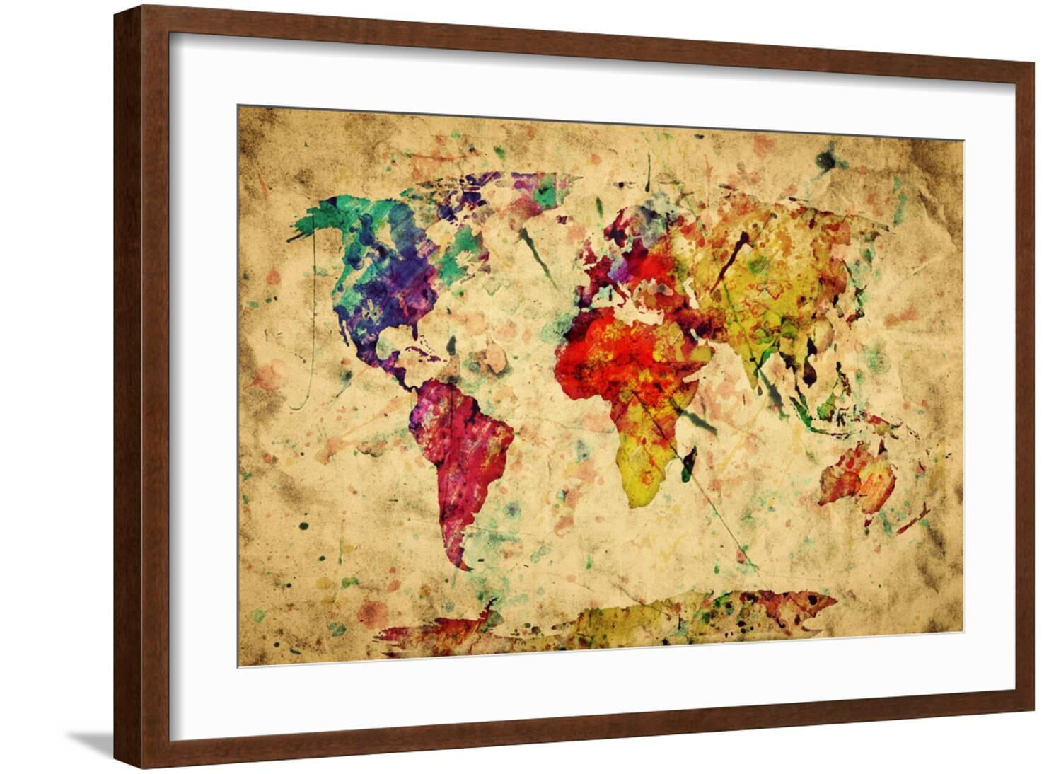 Art.com Vintage World Map Art Print by Michal Bednarek, Brown Frame ...