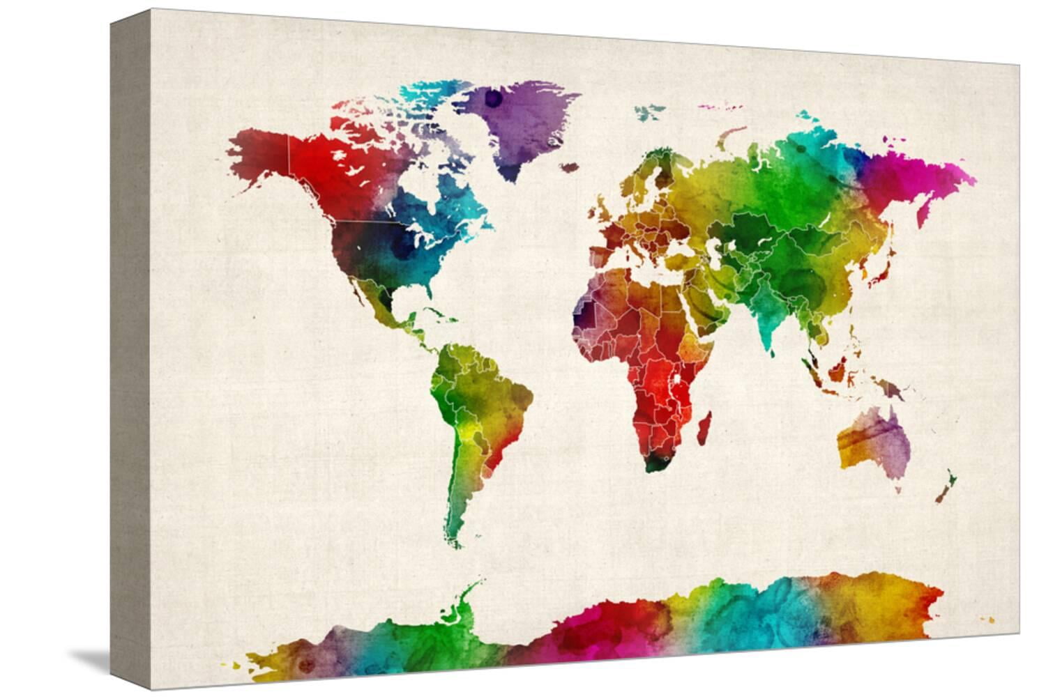 Art.com Watercolor Map of the World Map Stretched Canvas Print Wall Art ...