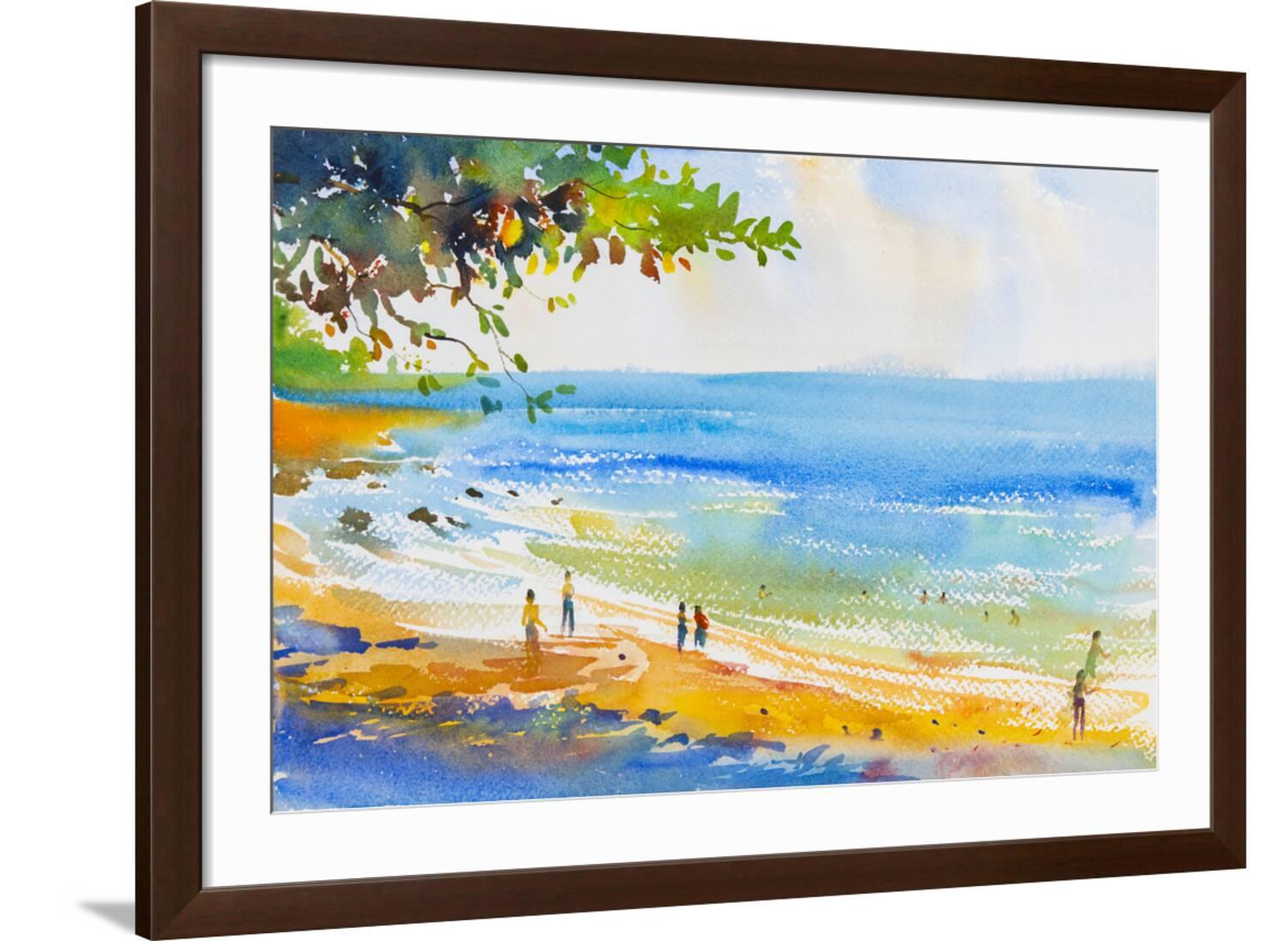 Art.com Watercolor Original Seascape Painting Colorful of Beach and ...