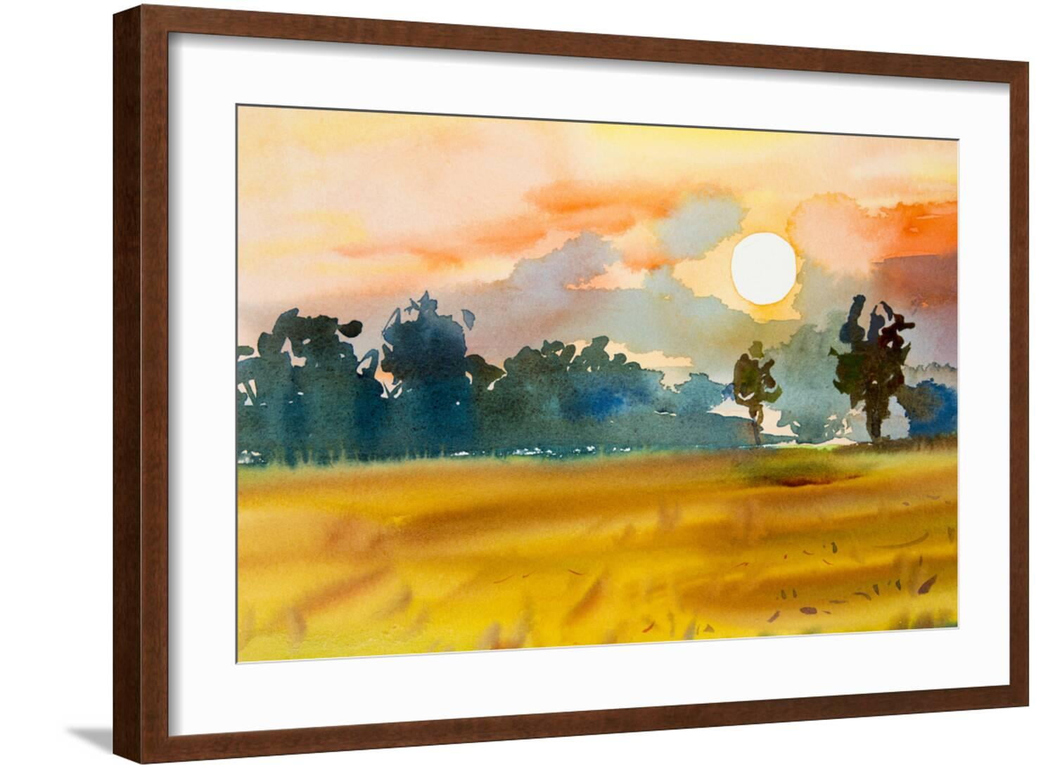 Art.com Watercolor Painting Original Landscape Colorful of Rice Field ...