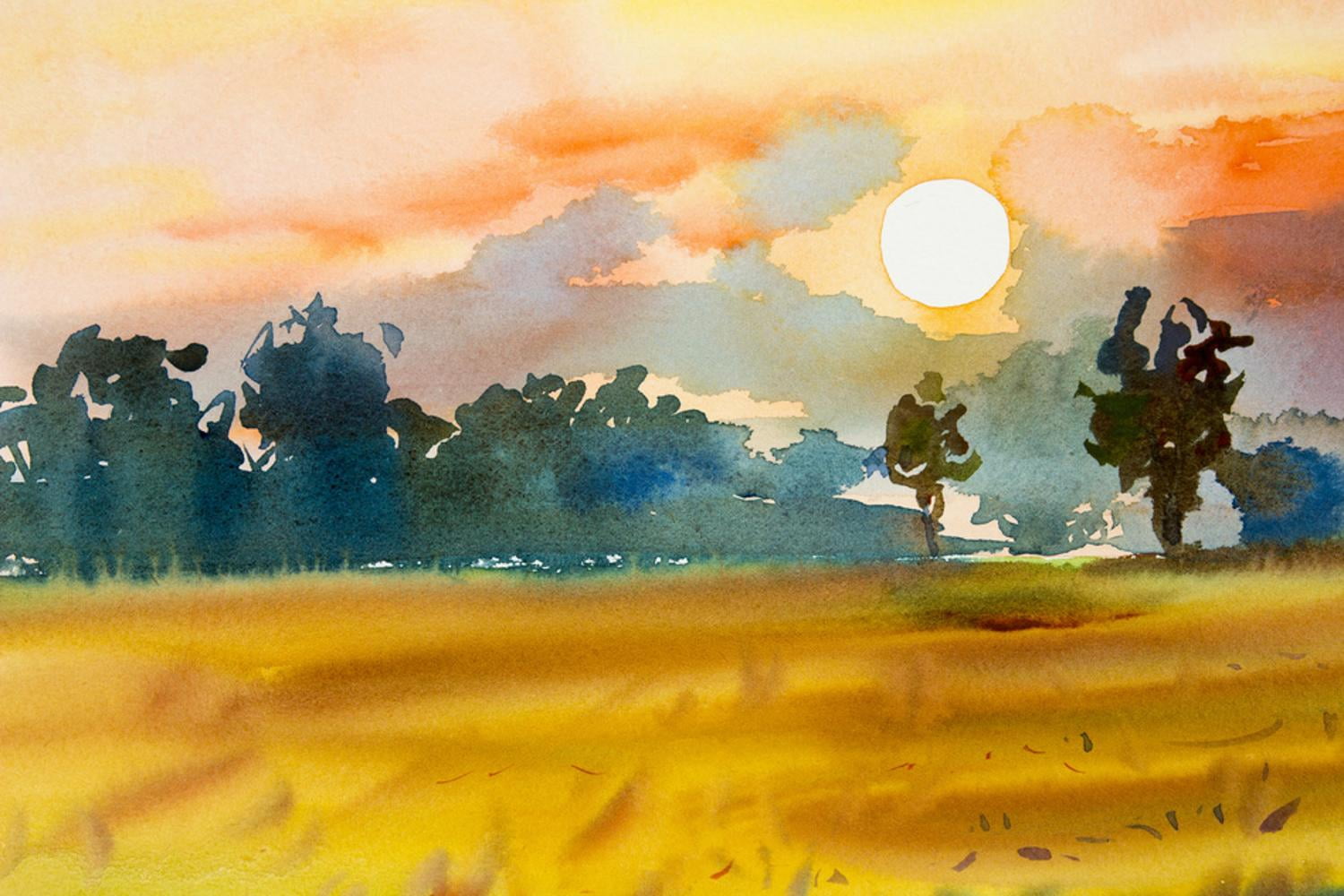 Art.com Watercolor Painting Original Landscape Colorful of Rice Field ...