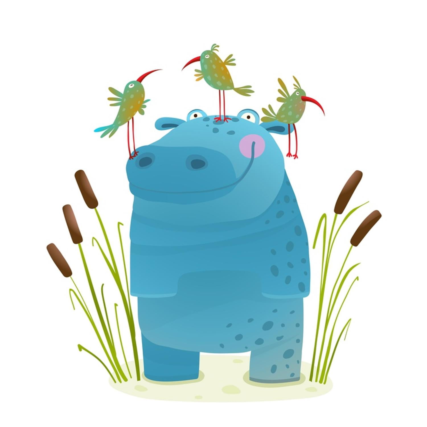 Art.com Wildlife Hippo with Cute Birds Smiling Kids Friends. Happy ...