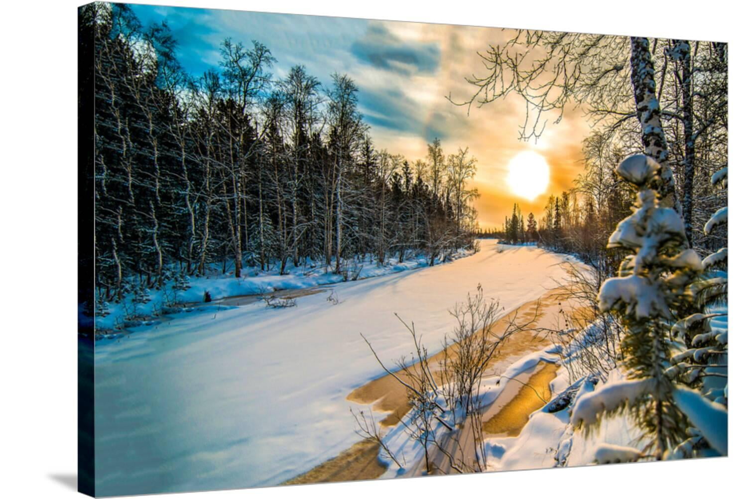 Art.com Winter Forest River Snow Sunset Scene. Snow Covered River in ...