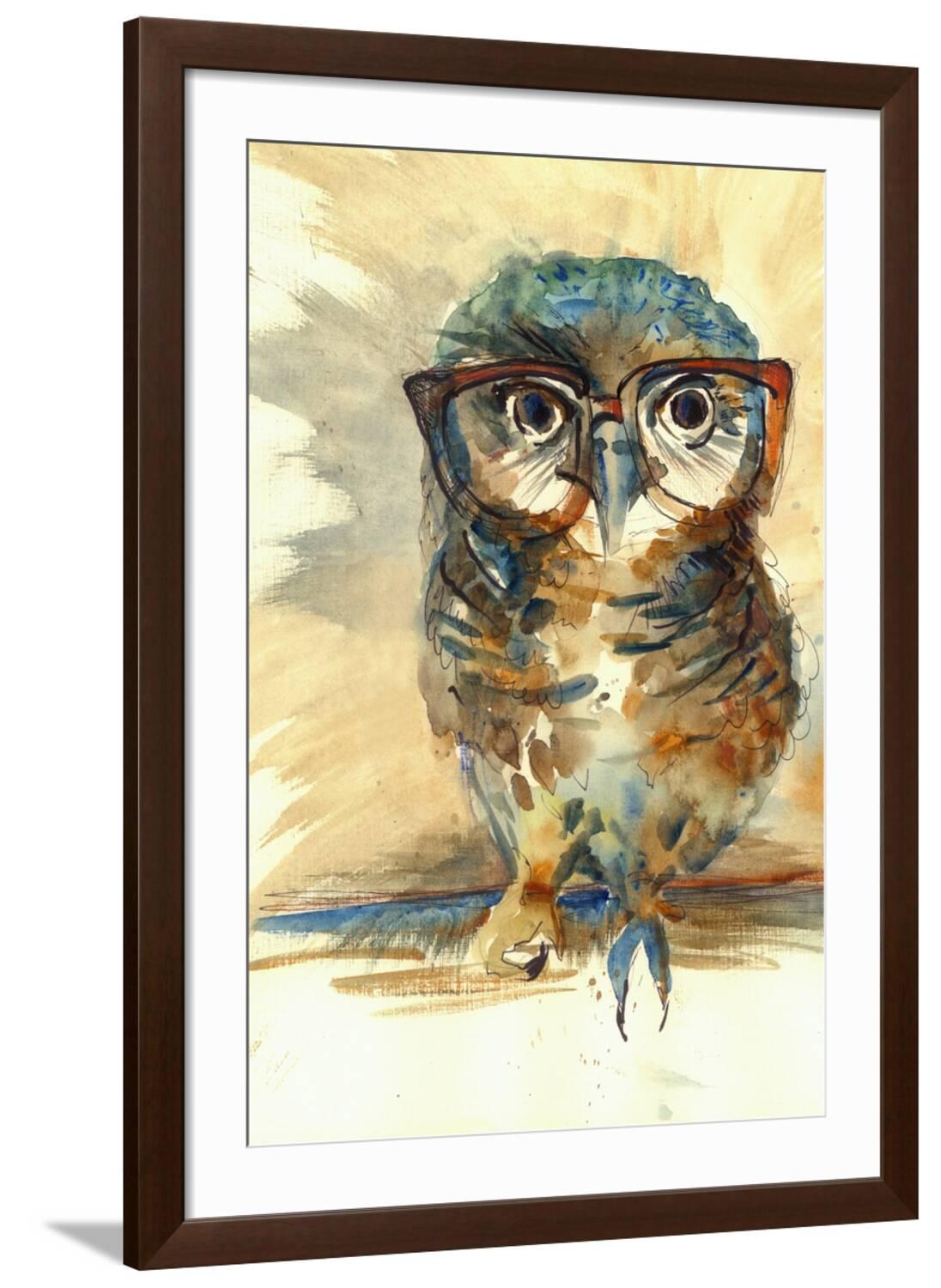 Art.com Wise Owl with Big Eyes in Hipster Glasses Animal Watercolor ...