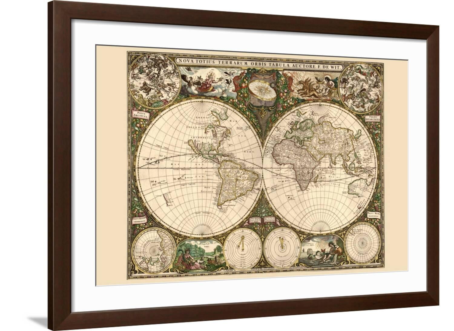 Art.com World Map Art Print by Frederik de Wit, Brown Frame Wall Art ...
