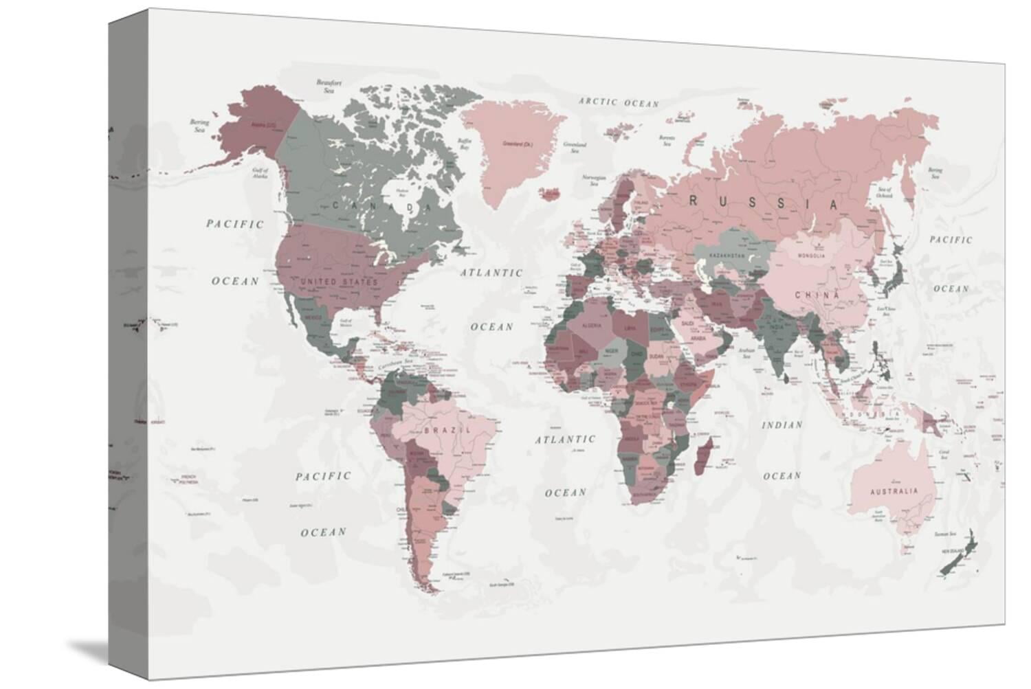 Art.com World Map Pink Green 2 Stretched Canvas Print Wall Art by Urban ...