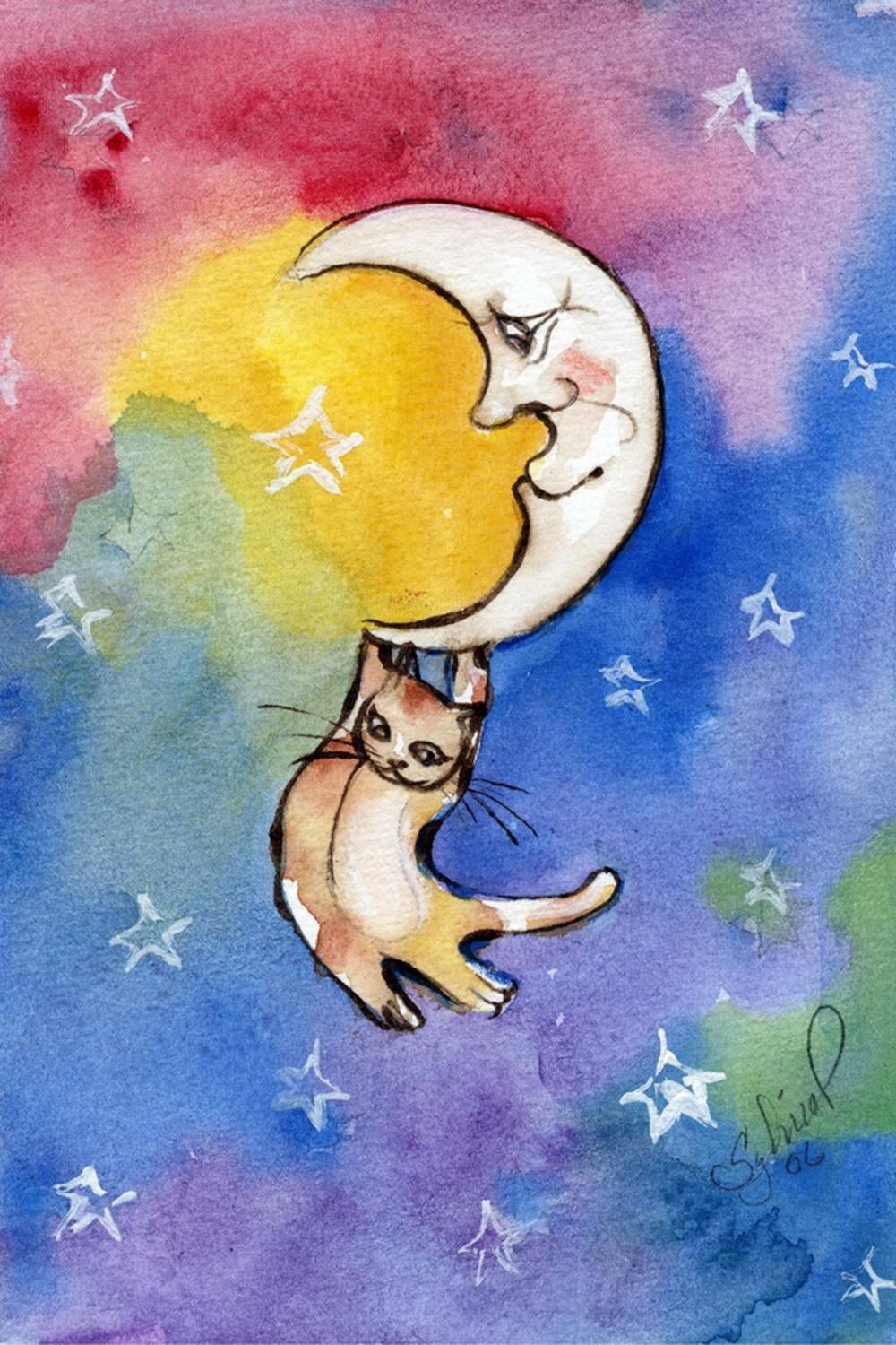Art.com Yellow Tabby Cat Hanging from Moon Art Print by sylvia pimental ...