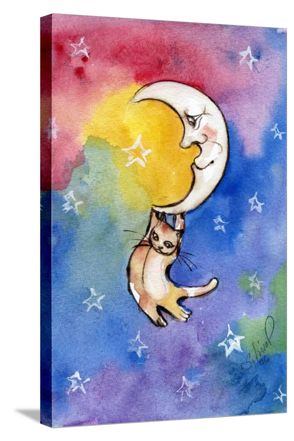 Art.com Yellow Tabby Cat Hanging from Moon Stretched Canvas Print Wall ...