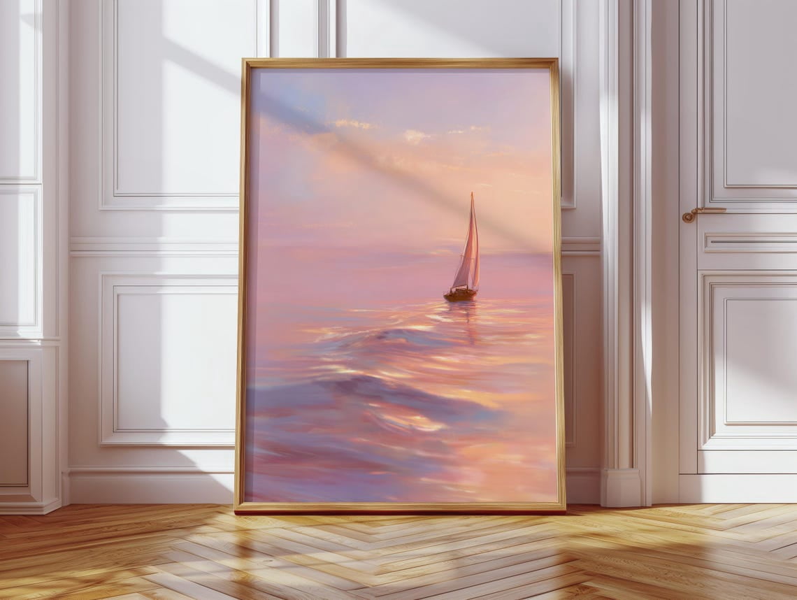 Art for living room relaxation Pastel sea sailboat Romantic landscape ...