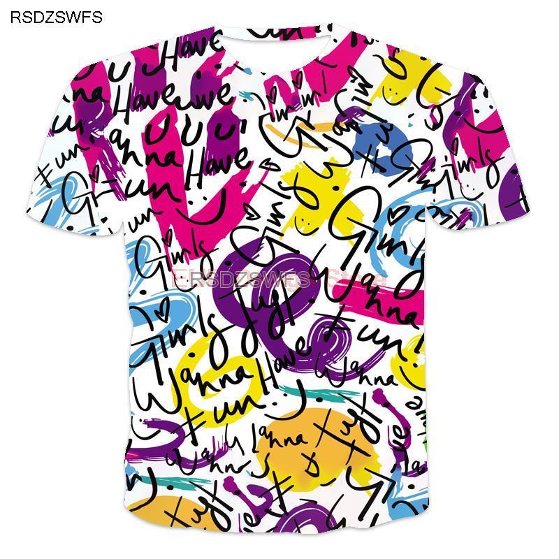 Art graffiti letter printing symbol 3D pattern short-sleeved shirt ...