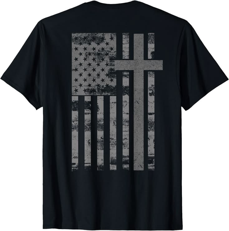 (Art on Back) American Flag Christian Faith Cross Patriotic T-Shirt ...