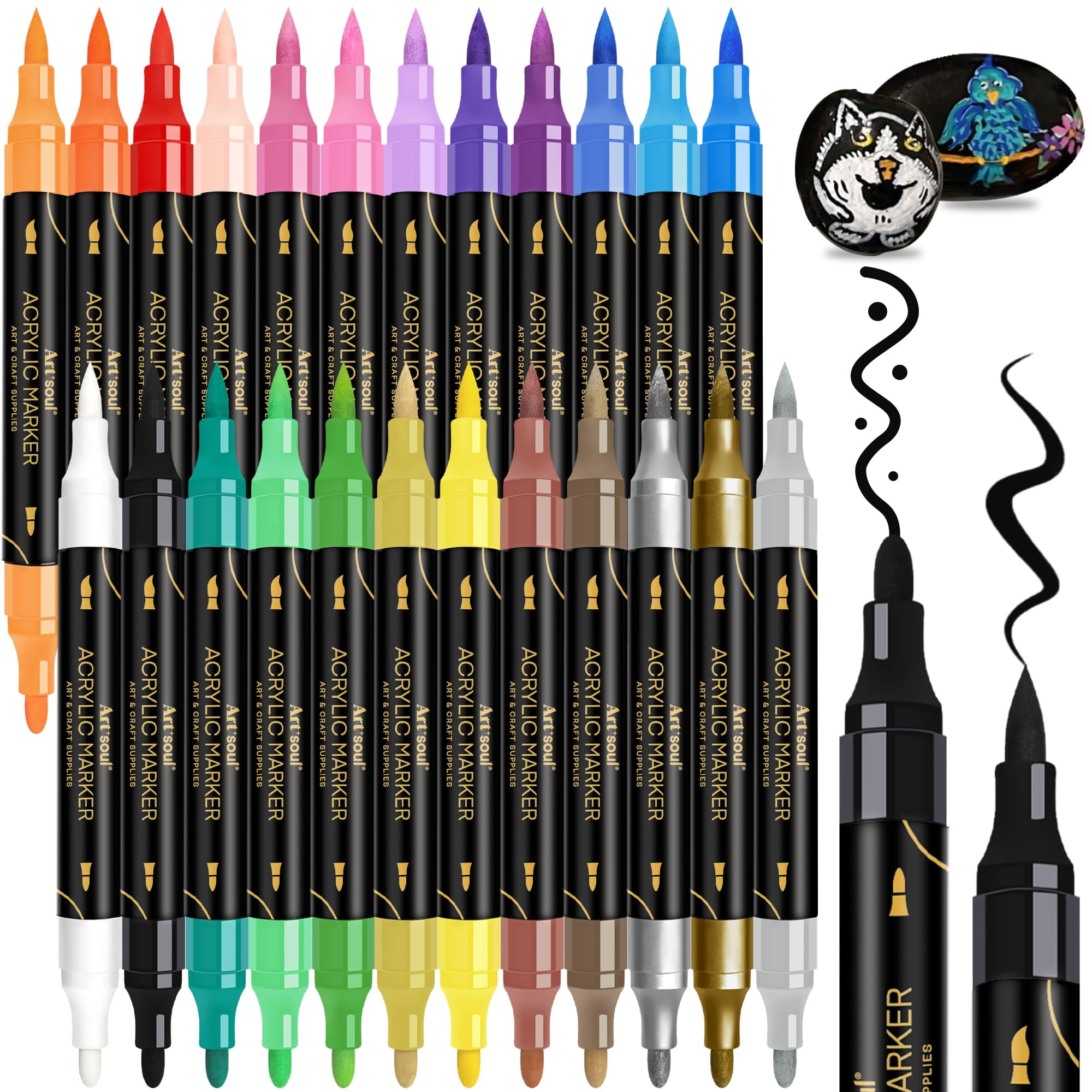 Art+soul 24 Colors Acrylic Paint Pens-Dual Tip Markers, Vibrant, Long ...