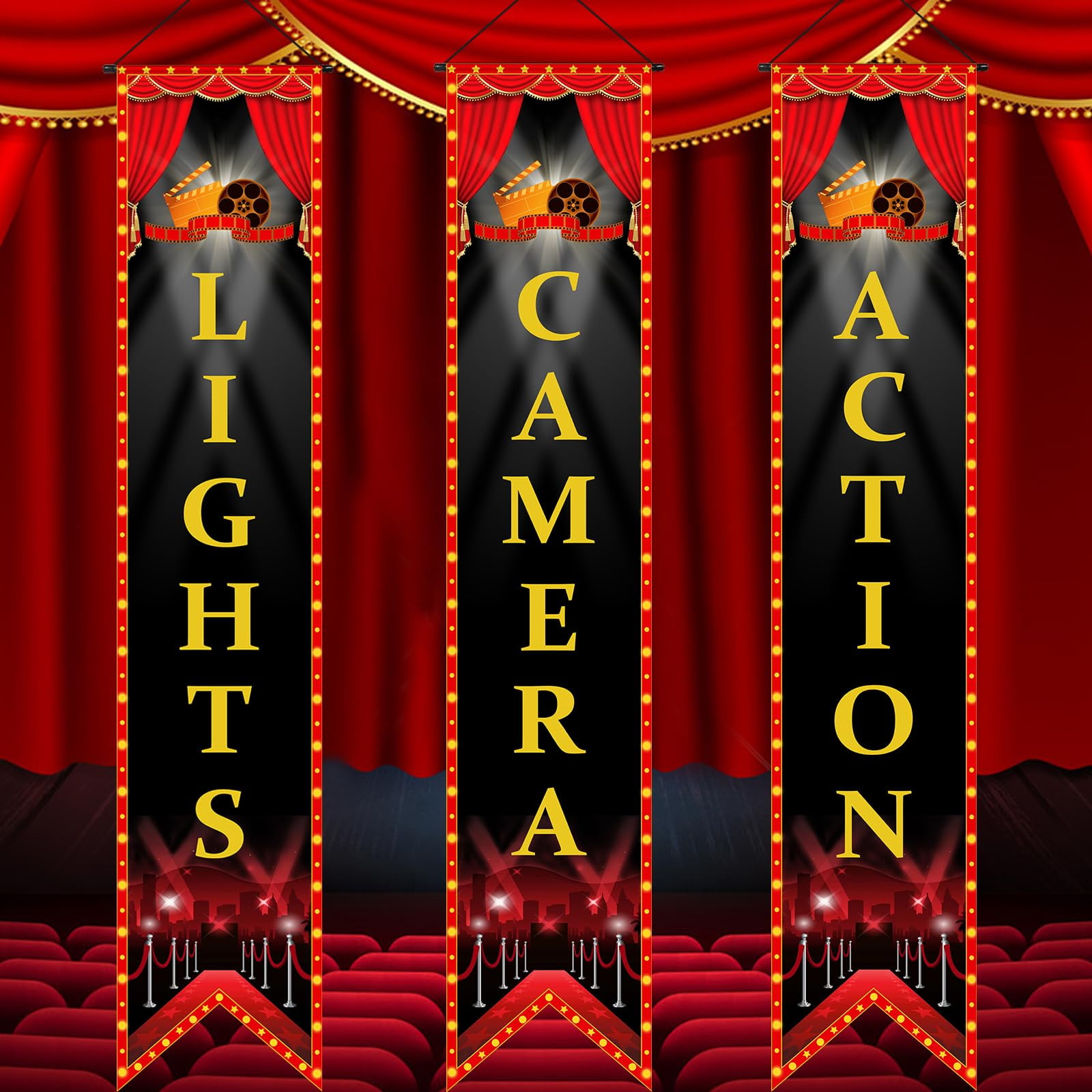 ArtAubrey 3 Pieces Movie Night Porch Sign Banner Movie Theme Party ...
