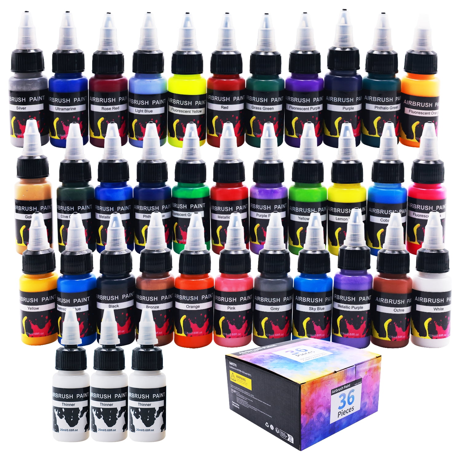 ArtBeek 33 Vibrant Colors Airbrush Paint Set 36 Bottles of Acrylic ...