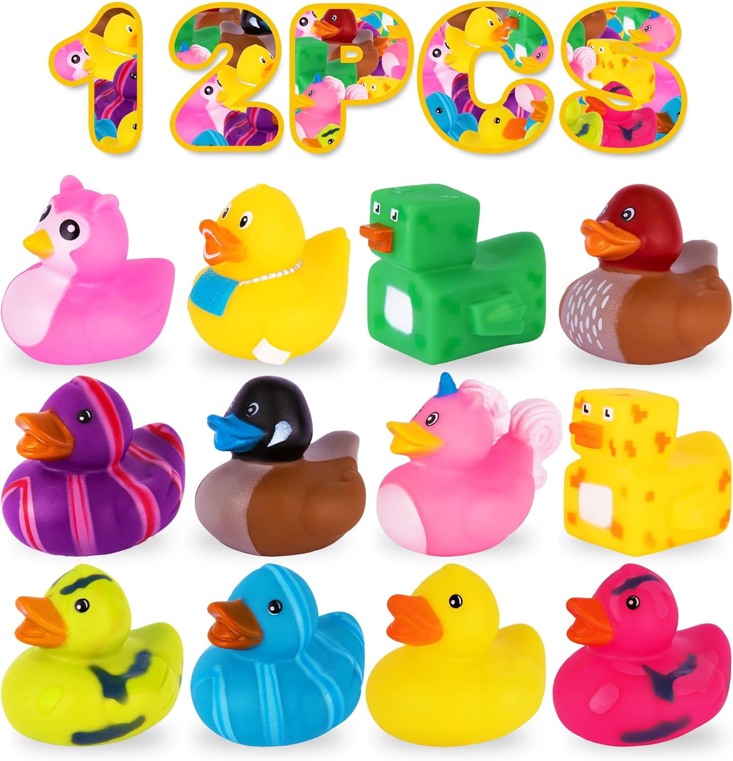 ArtCreativity Assorted Rubber Duckies, Pack of 12, Bath and Pool Toys ...
