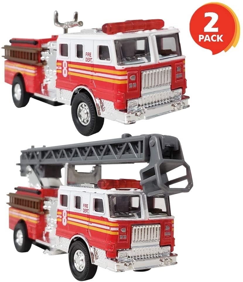 ArtCreativity Die-Cast Fire Truck Toy Set – 5.5" Pull-Back Ladder ...