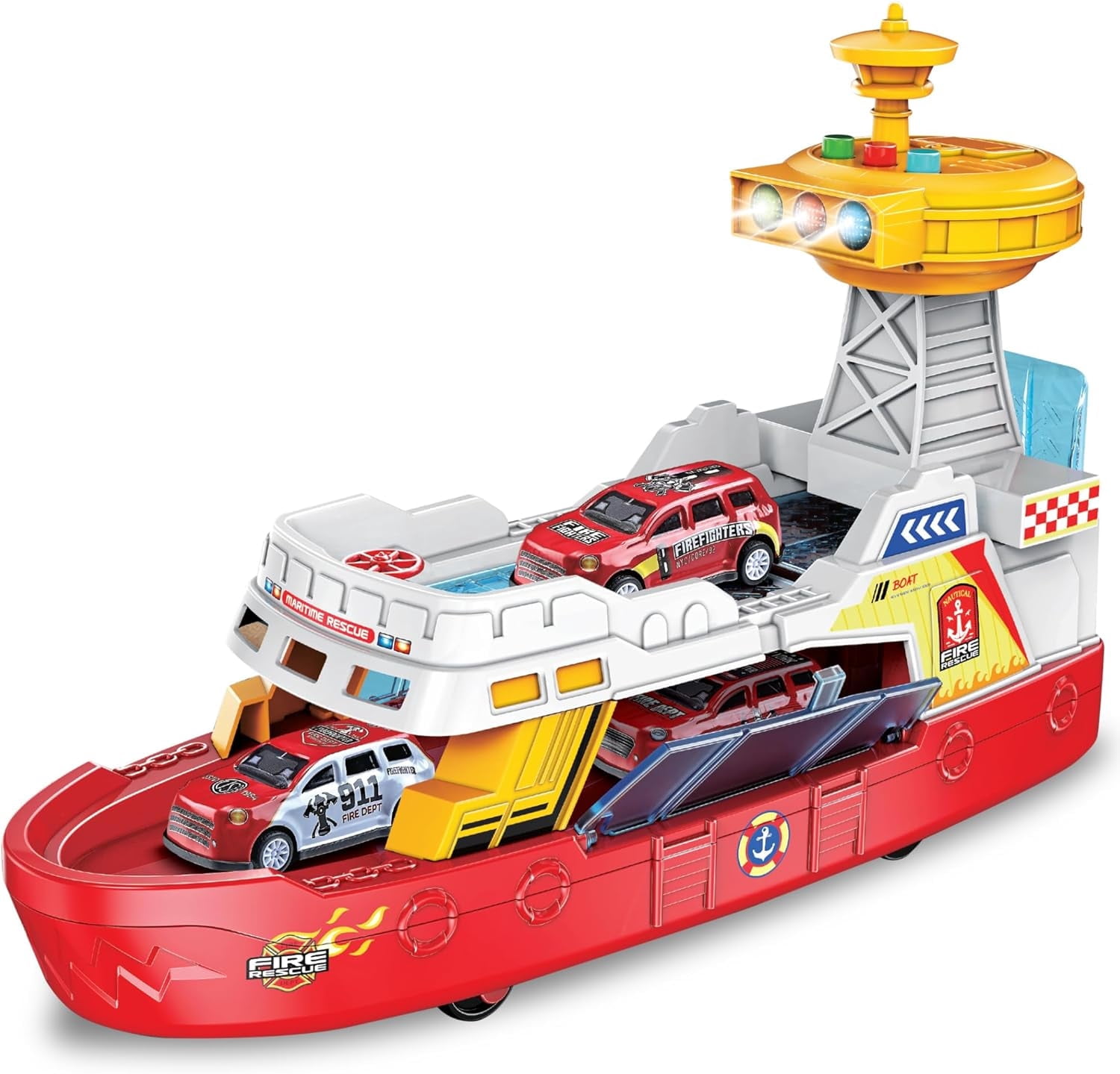 ArtCreativity Light-Up Fire Boat Toy with Sounds & 3 Alloy Cars, Ages 3 ...
