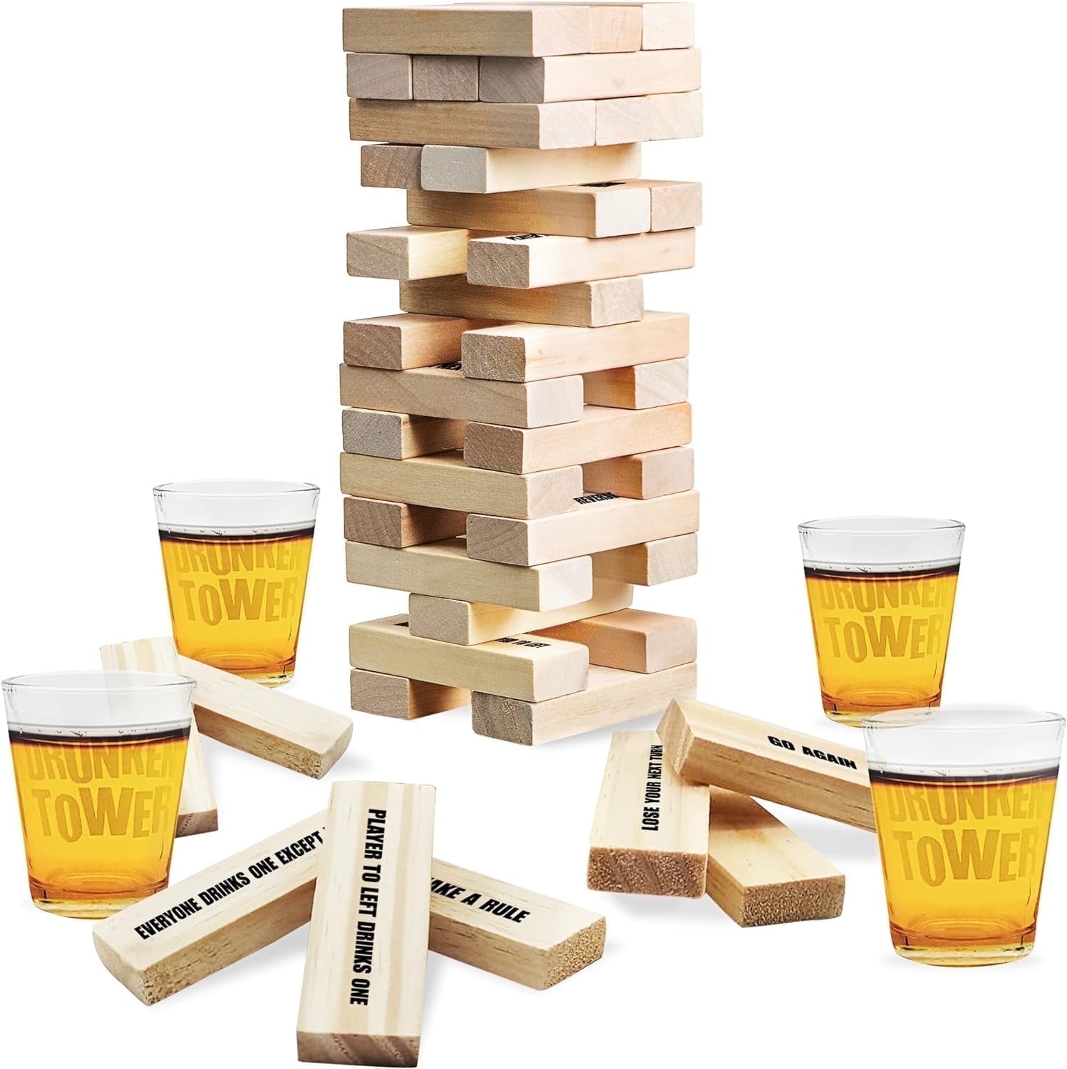 ArtCreativity Tumbling Tower Stack Drinking Game for Adults, 60 Wooden ...