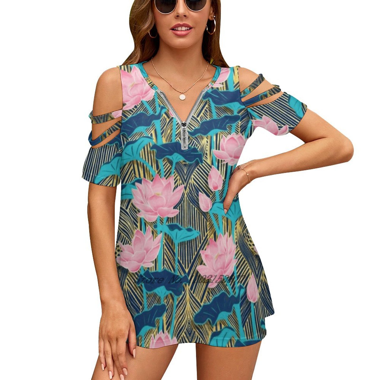 ArtLotus Flowers In Pink & Navy Women'S Clothing V-Neck Tops Zipper Tee ...