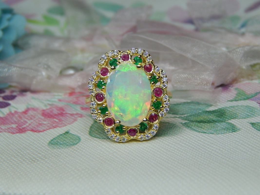 ArtPalacebyMitika Natural Lab Fire Opal, 925 Sterling Silver, 18k Yellow Gold Plated Ring With ...