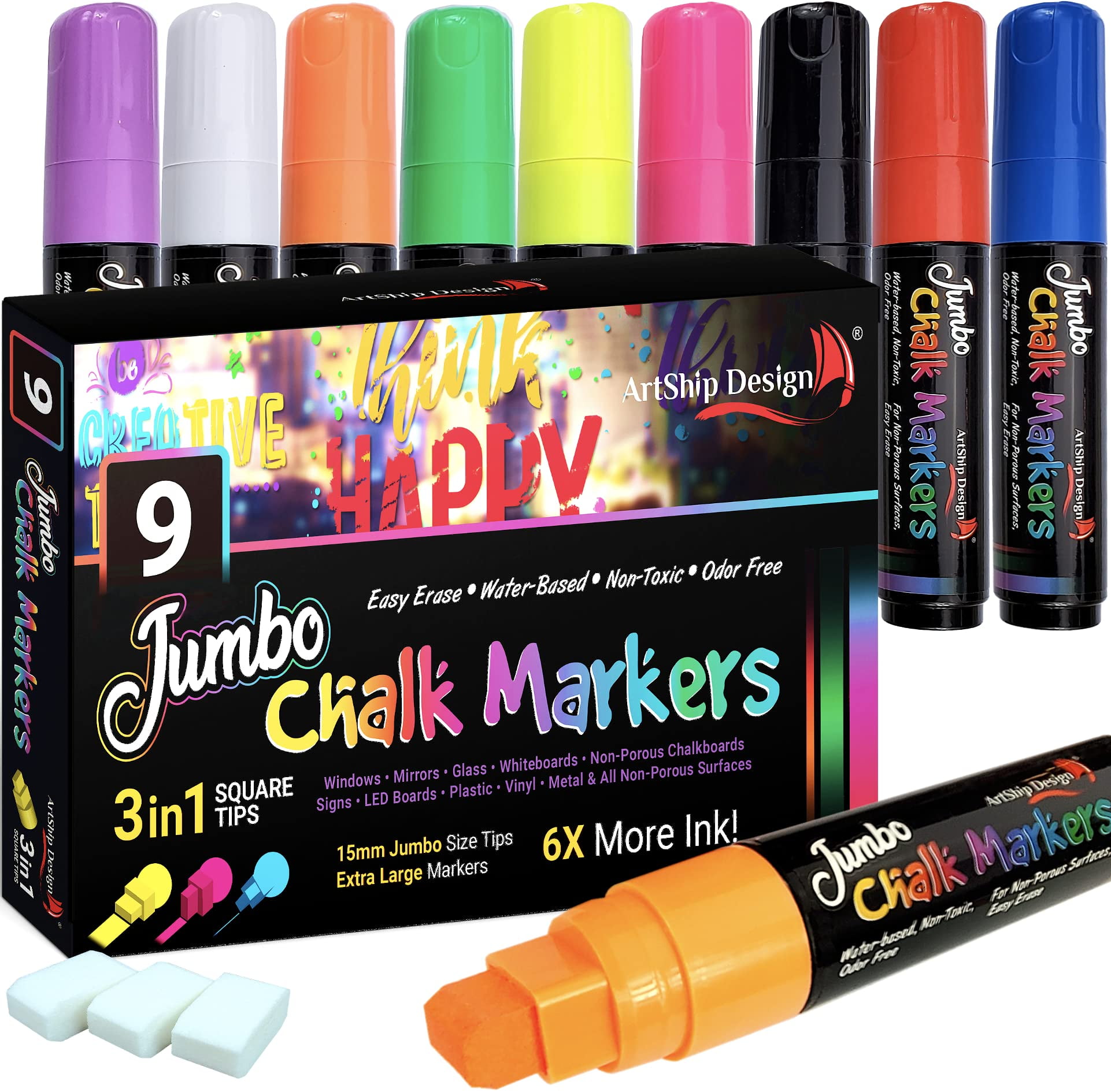 ArtShip Design 9 Jumbo Chalk Markers 15mm 3-in-1 Square Tip Liquid ...