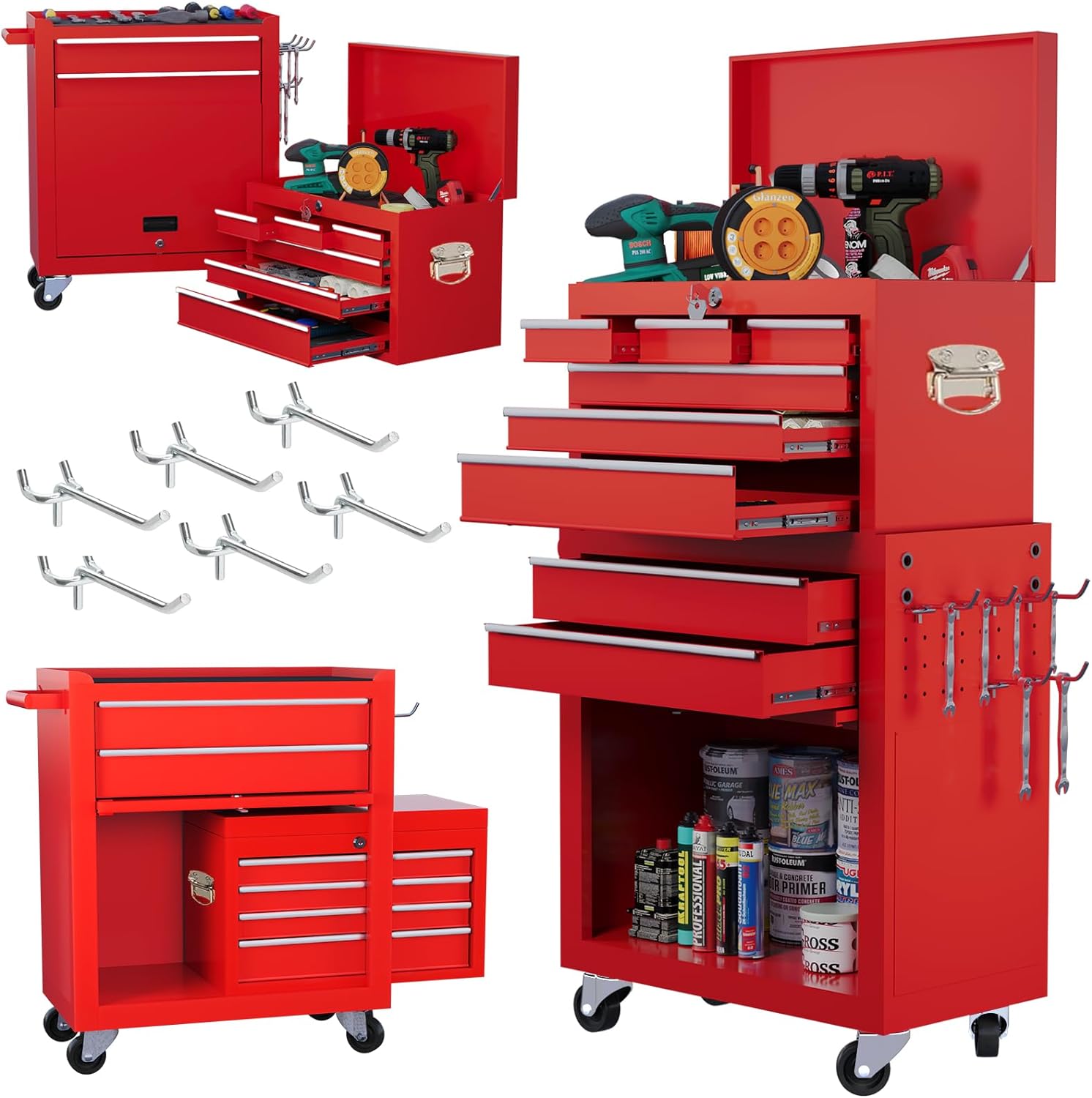 Artbros 8-Drawer Rolling Tool Chest, 2-in-1 Large Tool Cabinet Metal ...