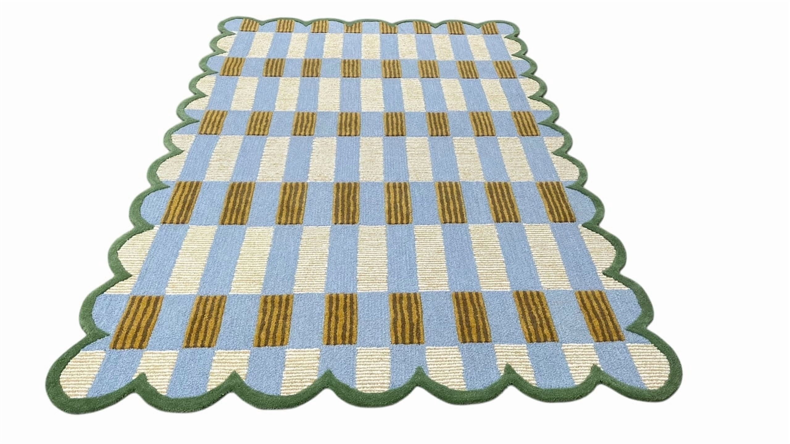 Artcore Matilda Hand Tufted Plaid Wool Area Rug with Scalloped Border ...