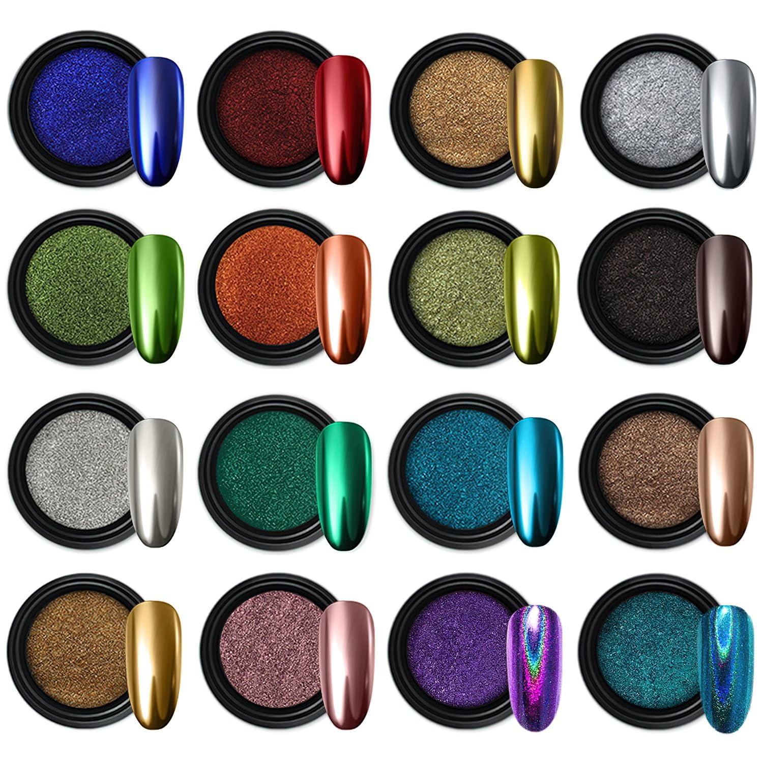 Artdone 16 Colors Chrome Nail Powder, Iridescent Aurora Powder Metallic ...