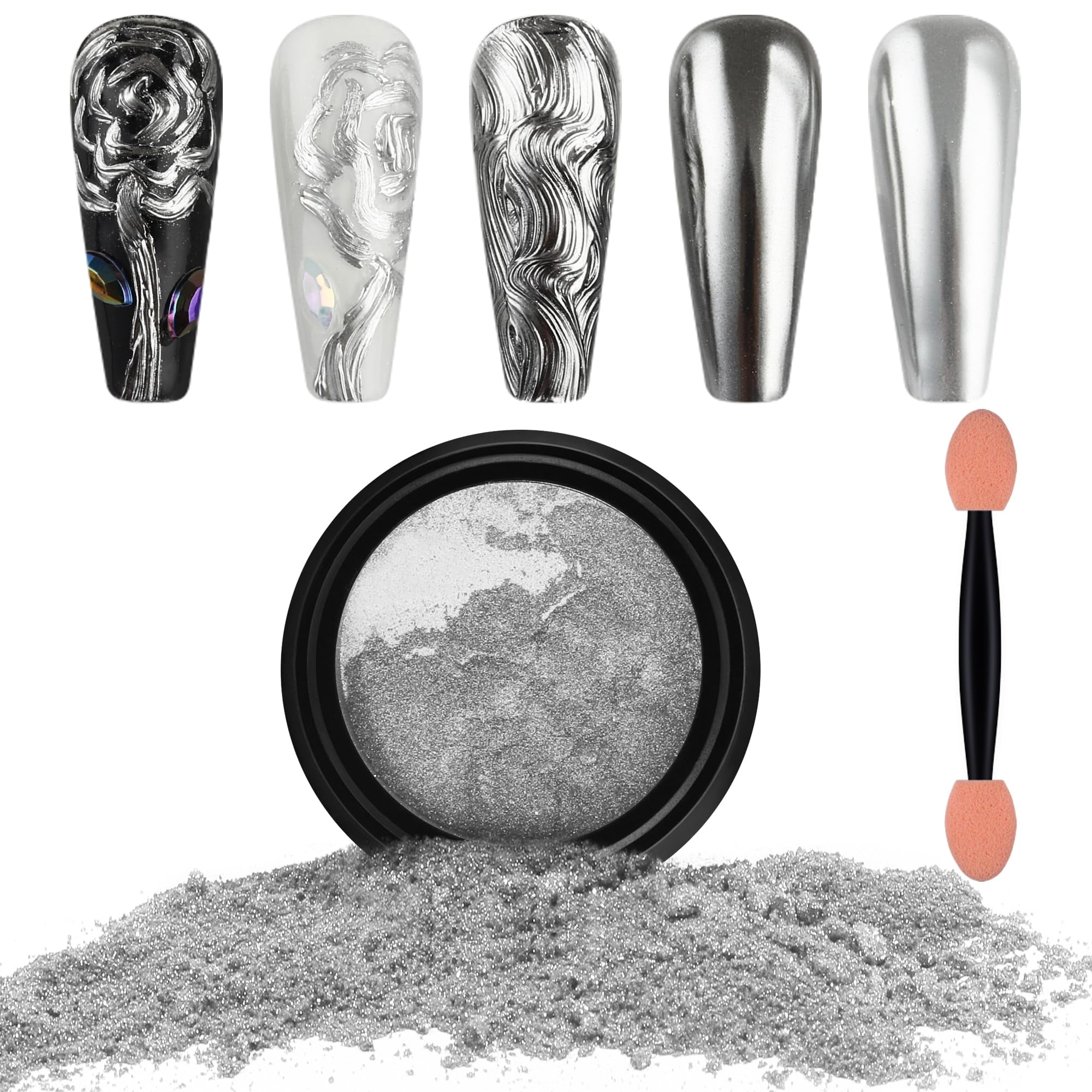 Artdone Chrome Nail Powder, Sliver Iridescent Aurora Powder Metallic ...
