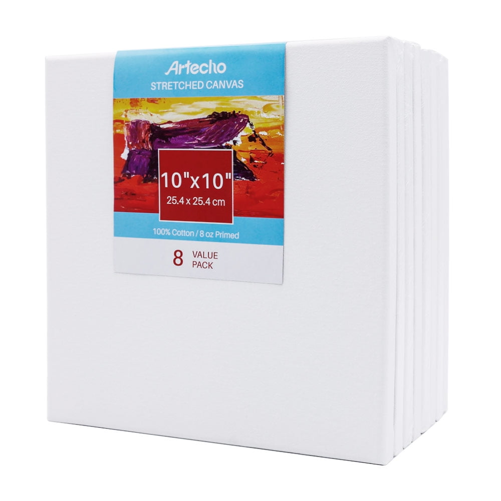 Artecho 10x10 Inch Stretched Canvas, White Blank 8 Pack, Primed 100% ...