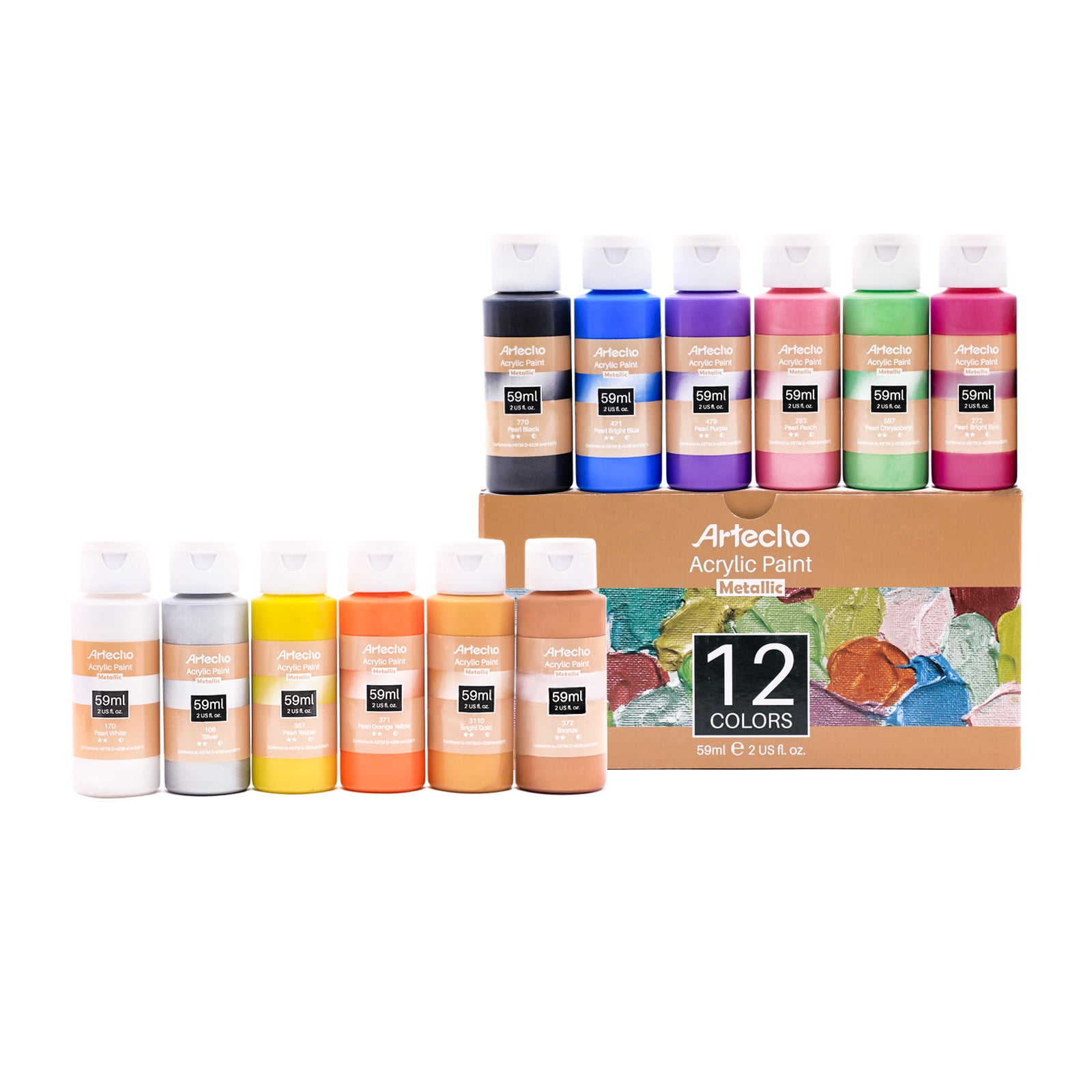 Artecho Acrylic Paint Set of 12 Metallic Color Paints, 2Ounce/59ml ...
