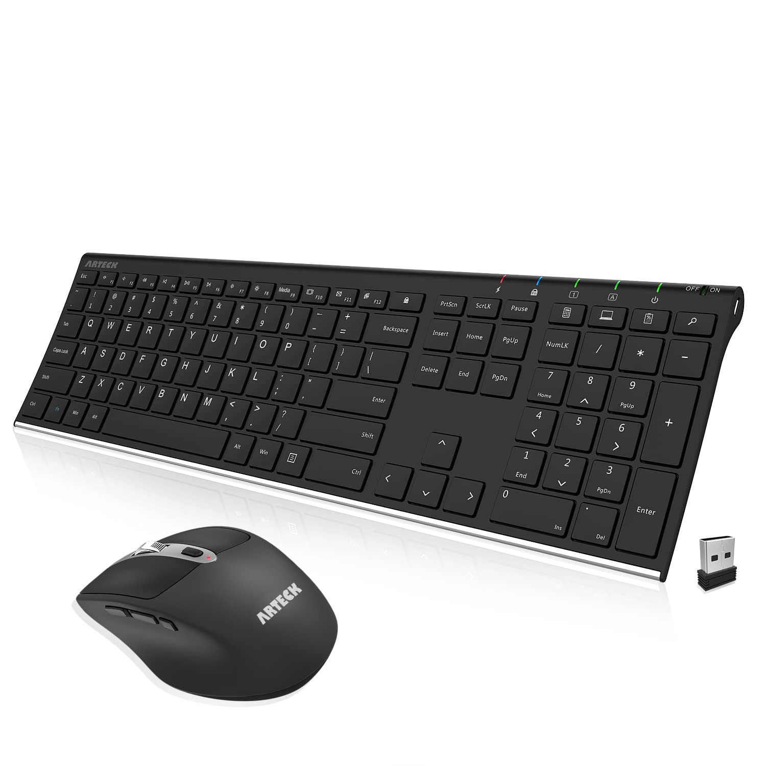 Arteck 2.4G Wireless Keyboard and Mouse Combo Stainless Full Size ...