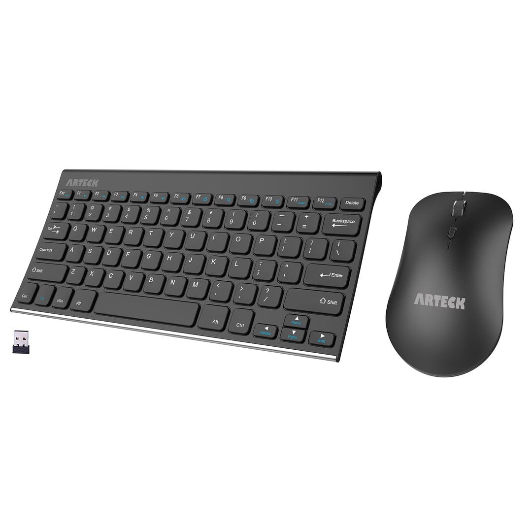 Arteck 2.4G Wireless Keyboard and Mouse Combo Ultra Compact Slim Stainless Full Size Keyboard ...