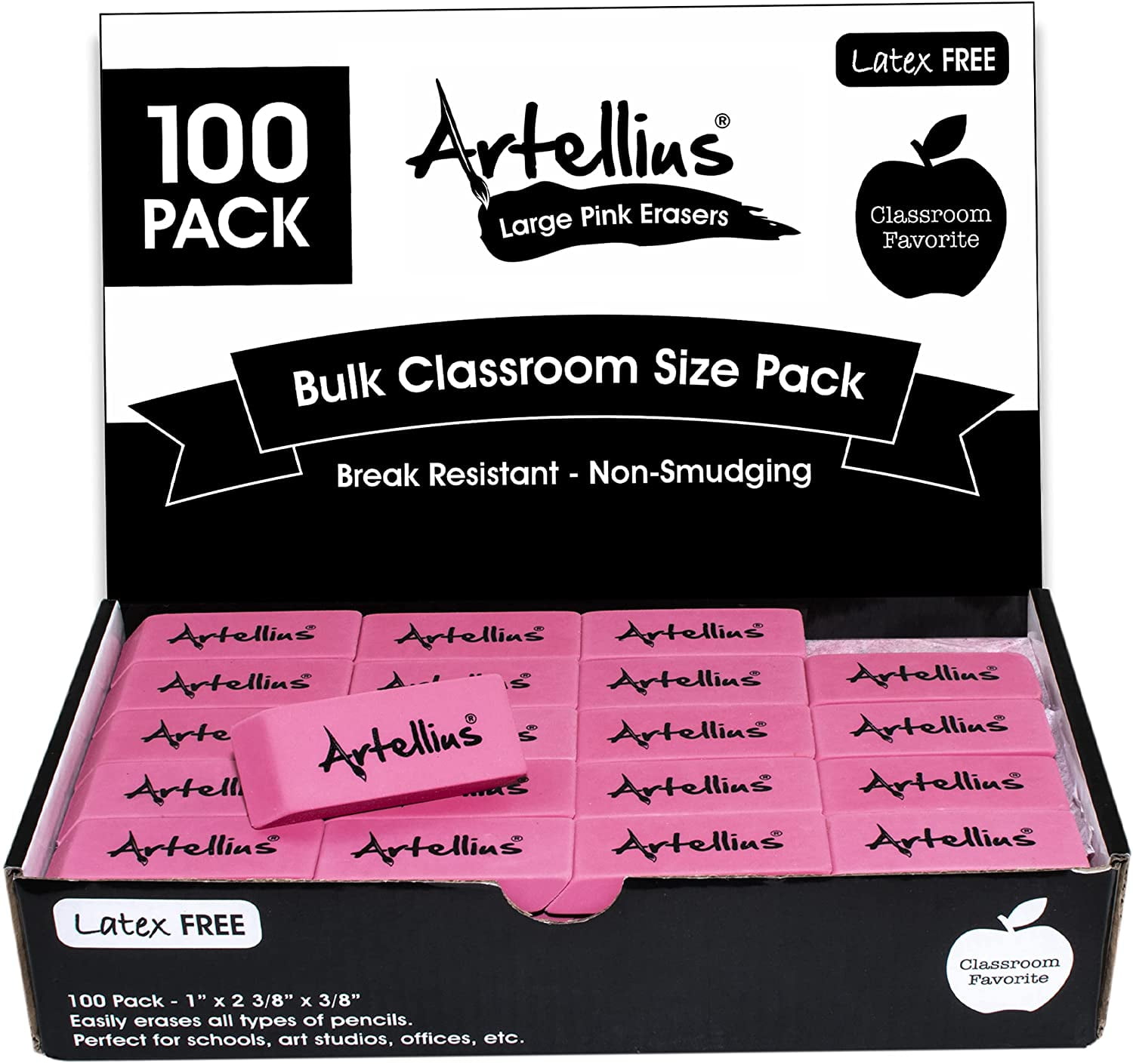 Artellius Large Pink Pencil Erasers, Latex-Free, 100 Pack, Smudge-Free ...