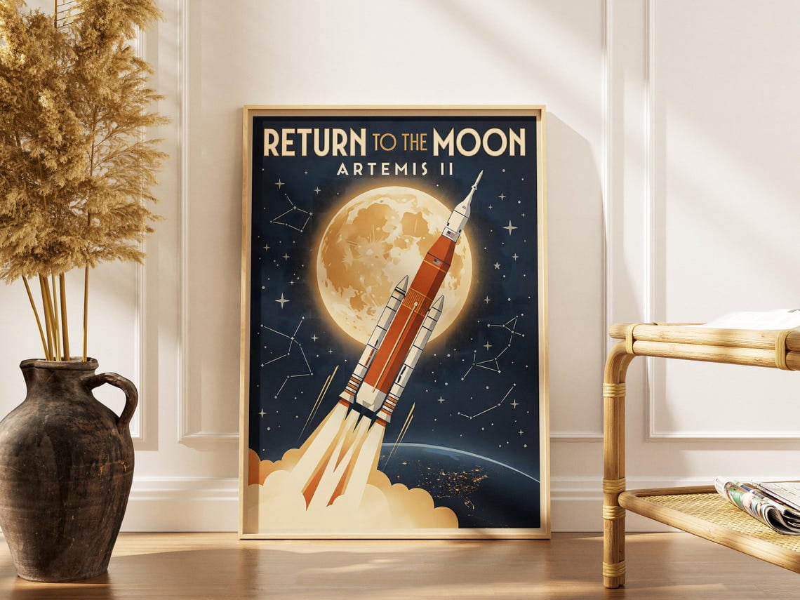 Artemis Ii Poster, Return To The Moon, Retro Rocket Wall Art, Unframed ...