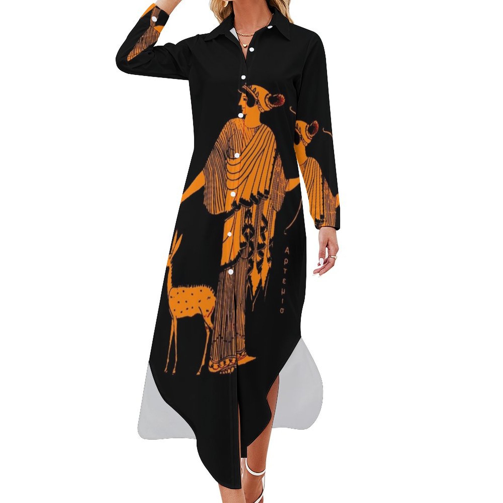 Artemis red figure ancient Greek design Long Sleeved Shirt Dress beach ...