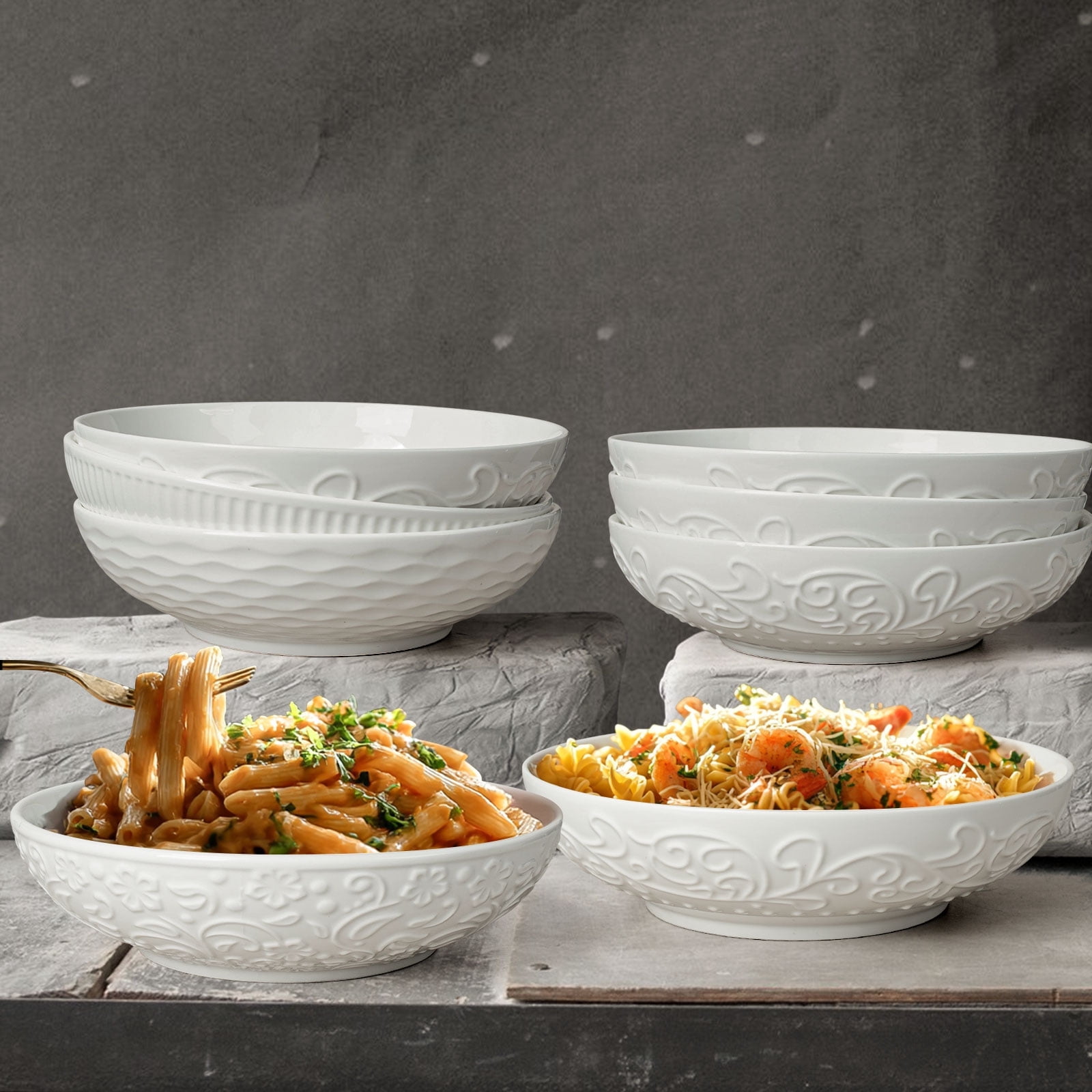 Artena 8 Inch Ceramic Pasta Bowls Set of 8 – White 32 oz Salad Bowl ...