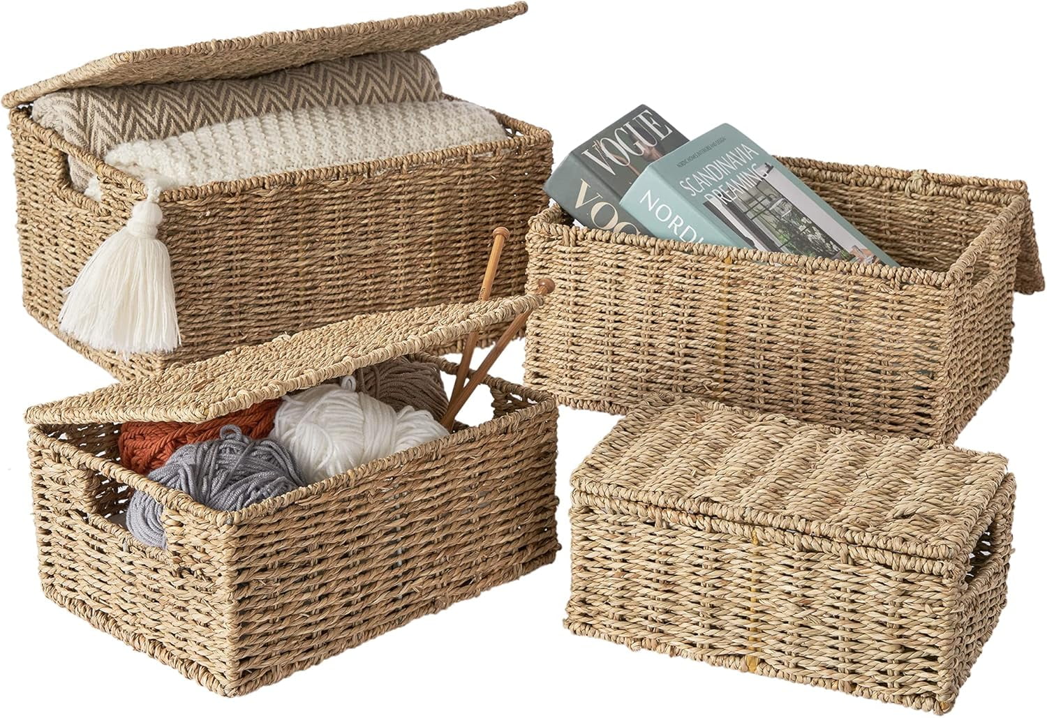 Artera Seagrass Storage Basket with Lid - Set of 4 Wicker Baskets and ...