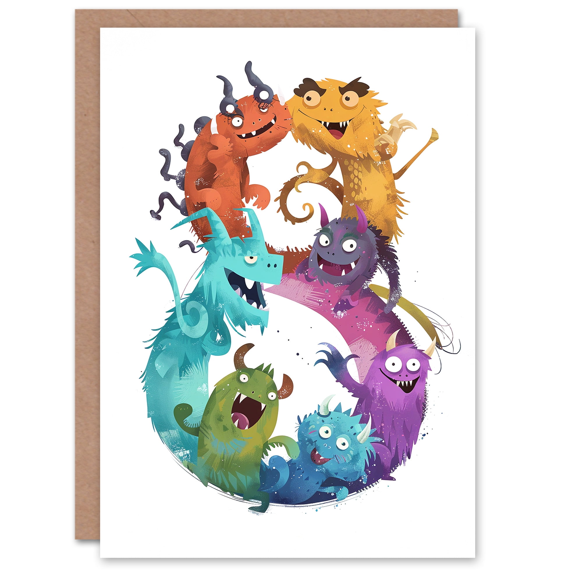 Artery8 8th Birthday Card Cute Monsters Number Eight Fun 8 Year Old For ...