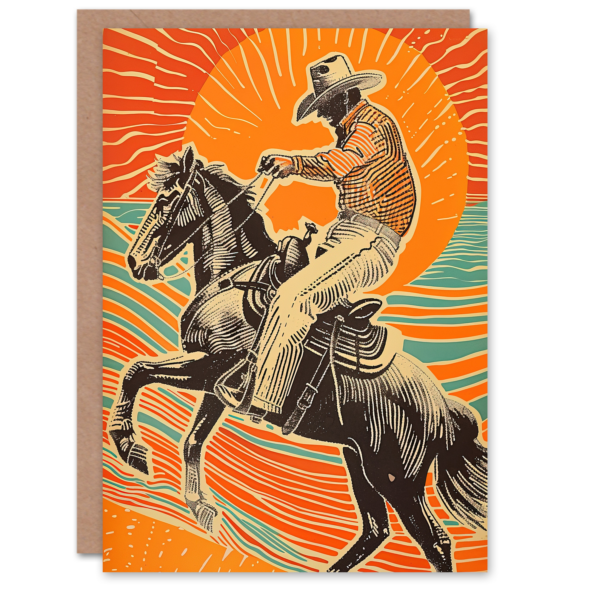 Artery8 Abstract Cowboy on Horse Sunset Western America Greeting ...