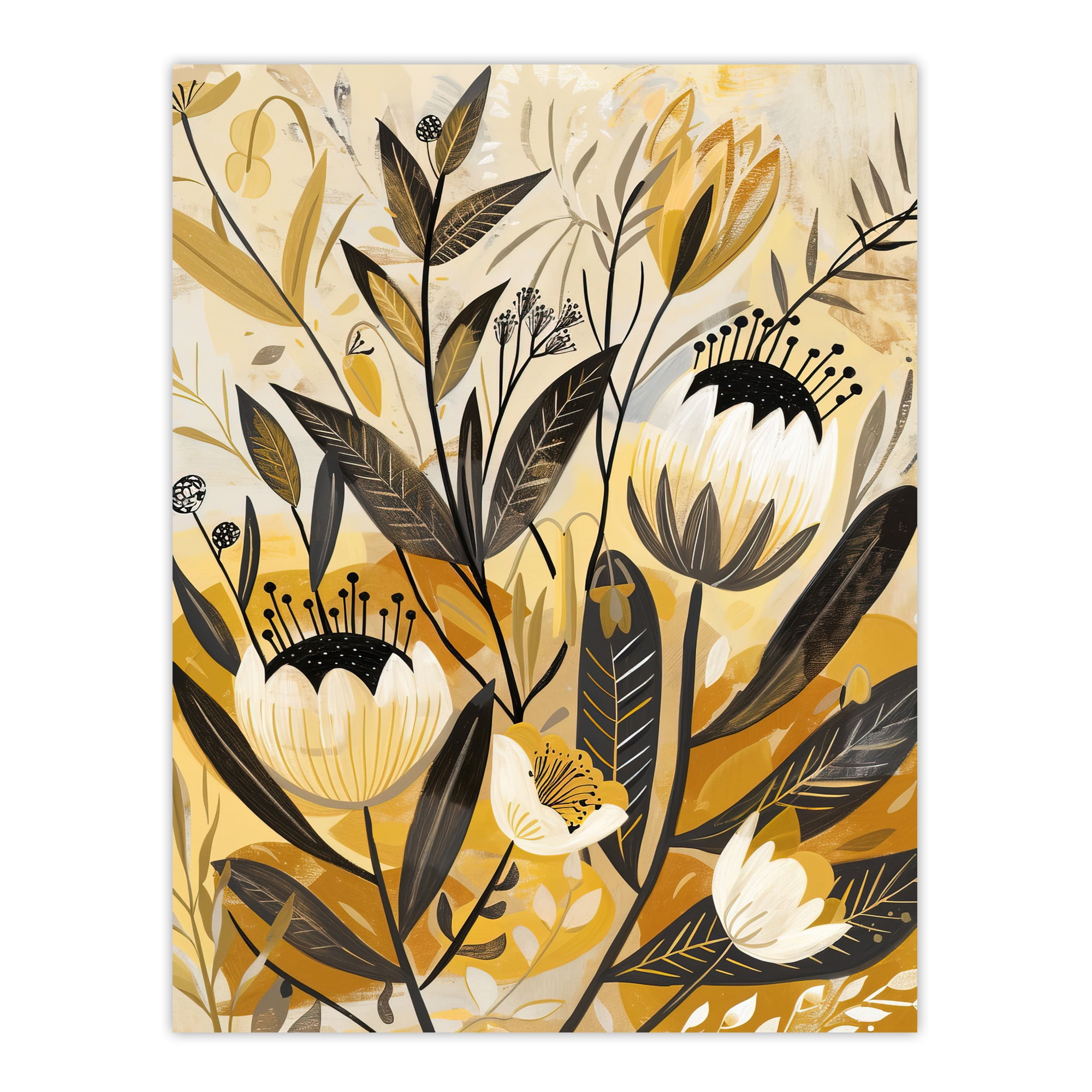 Artery8 Anemone Flowers Mustard Yellow Grey Boho Design Living Room Unframed Wall Art Print ...