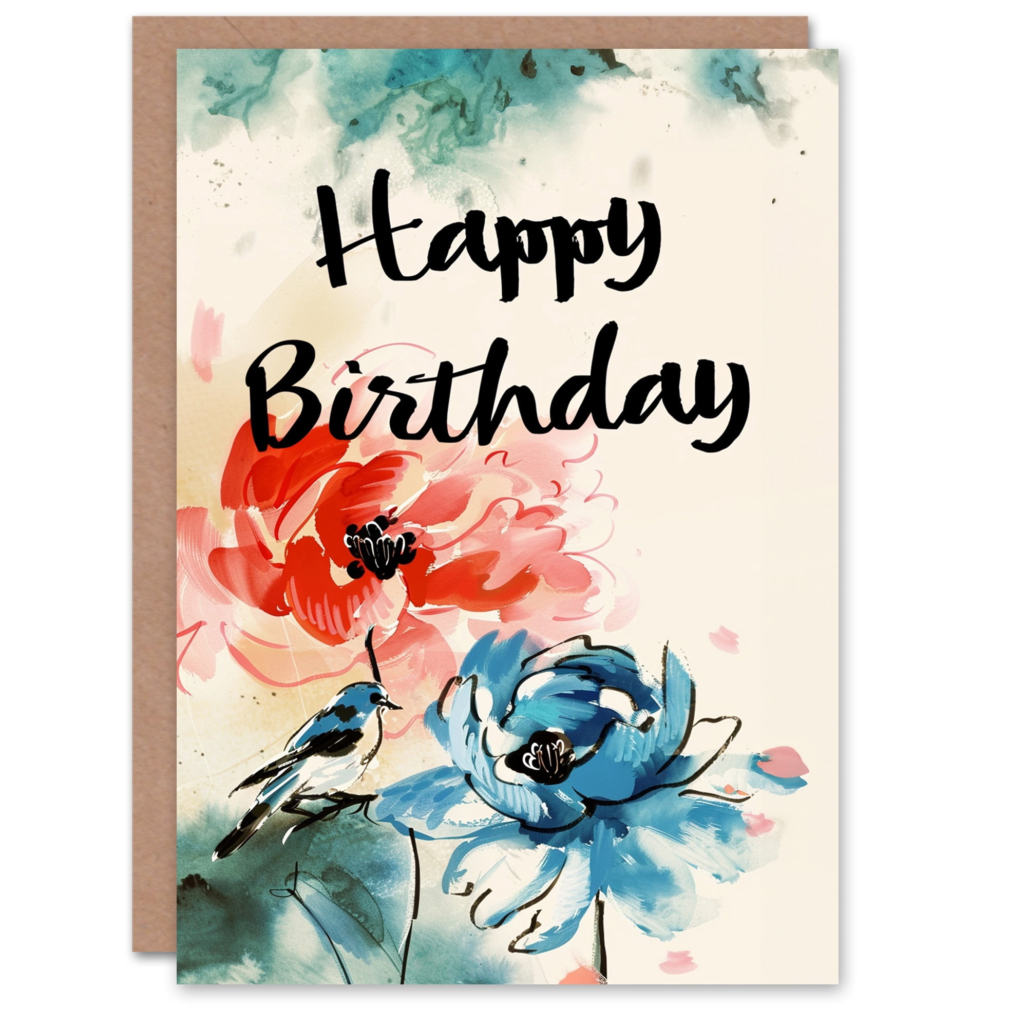 Artery8 Birthday Card Abstract Flowers and Bluebird Painting For Her ...