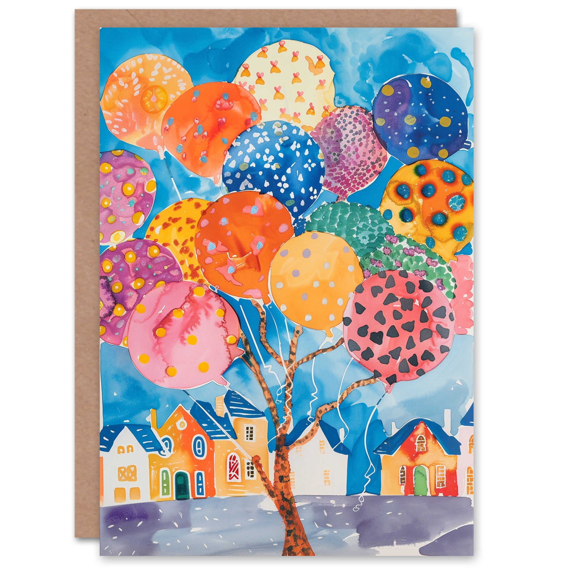 Artery8 Birthday Card Balloon Tree Village Colourful Watercolour For ...