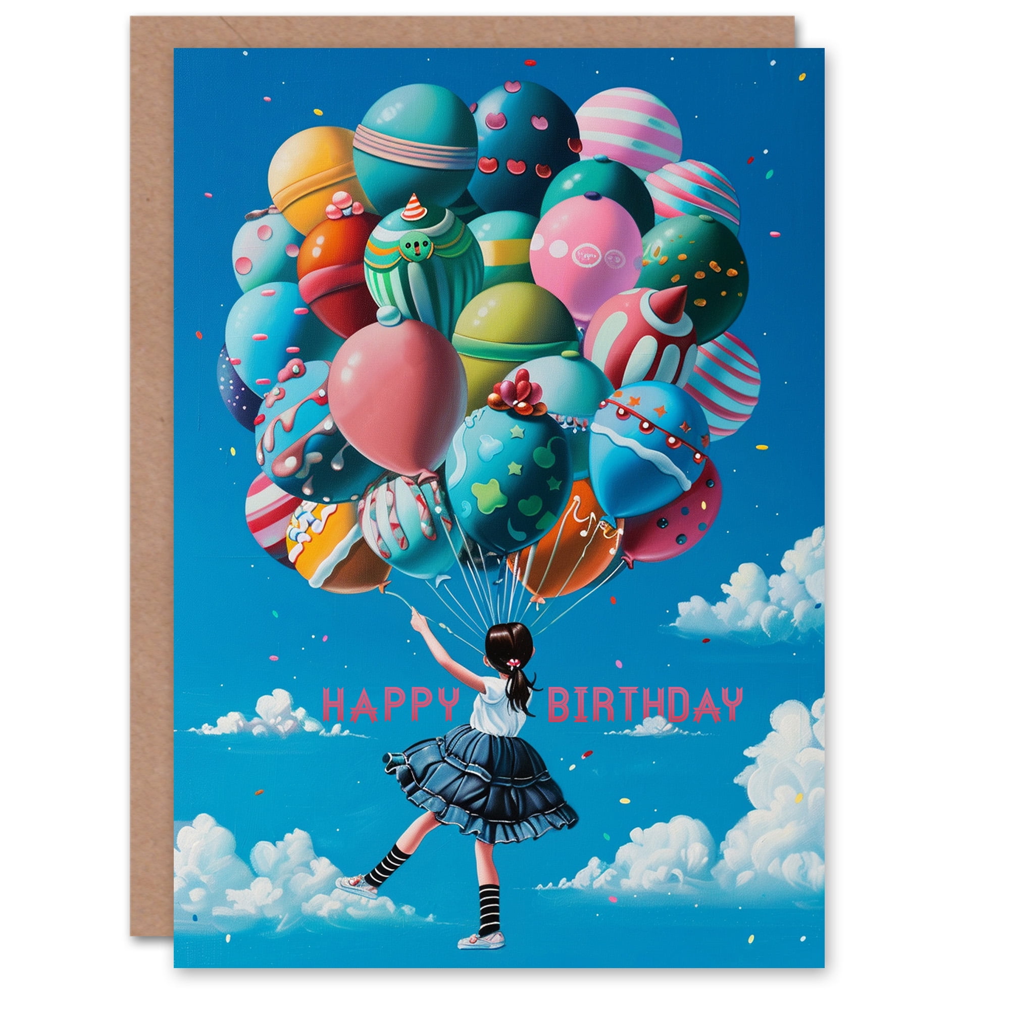 Artery8 Birthday Card Balloons Girl Flying in Sky Clouds For Child Kids ...