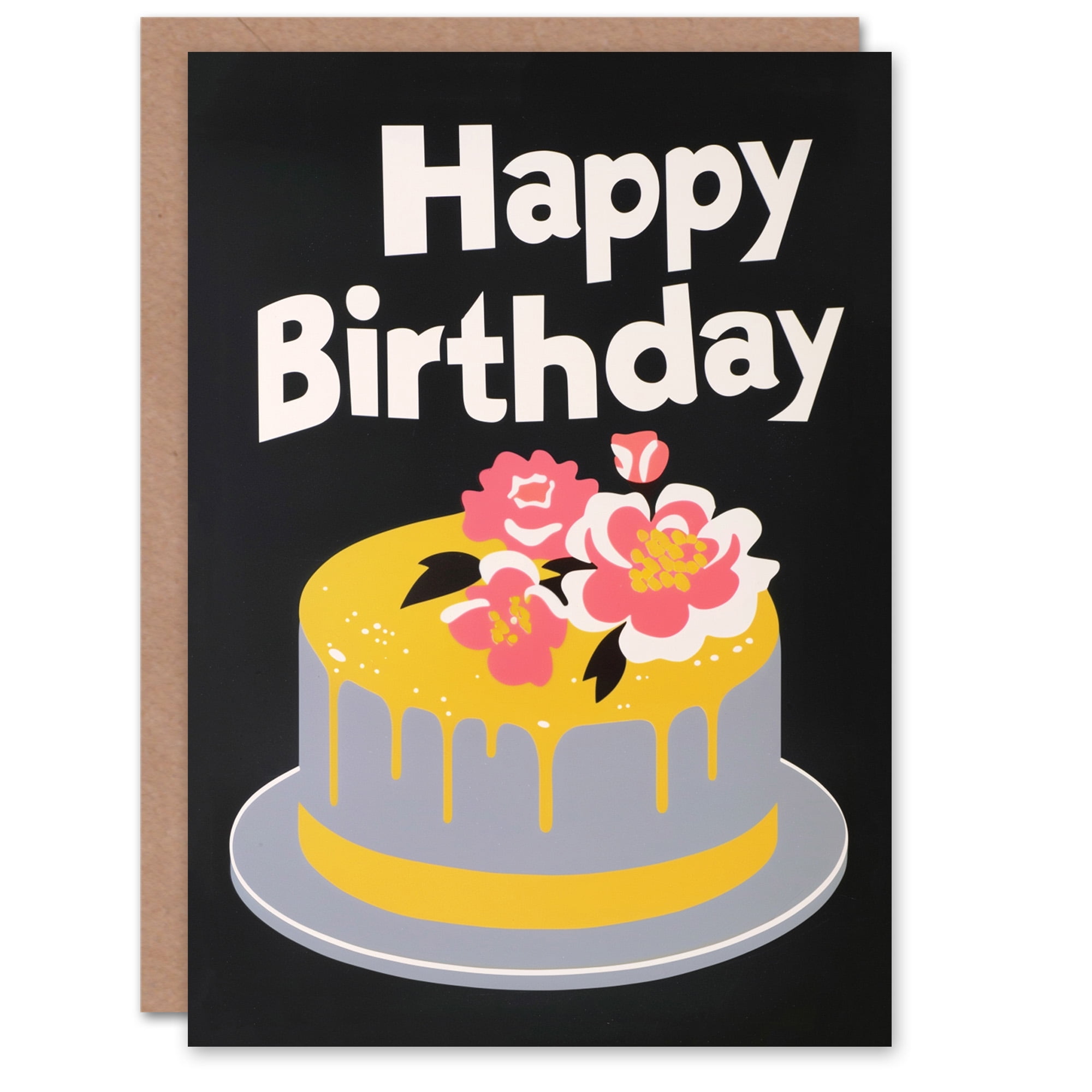 Artery8 Birthday Card Birthday Cake Black Yellow Contrast Floral Roses For Him Her Man Woman ...