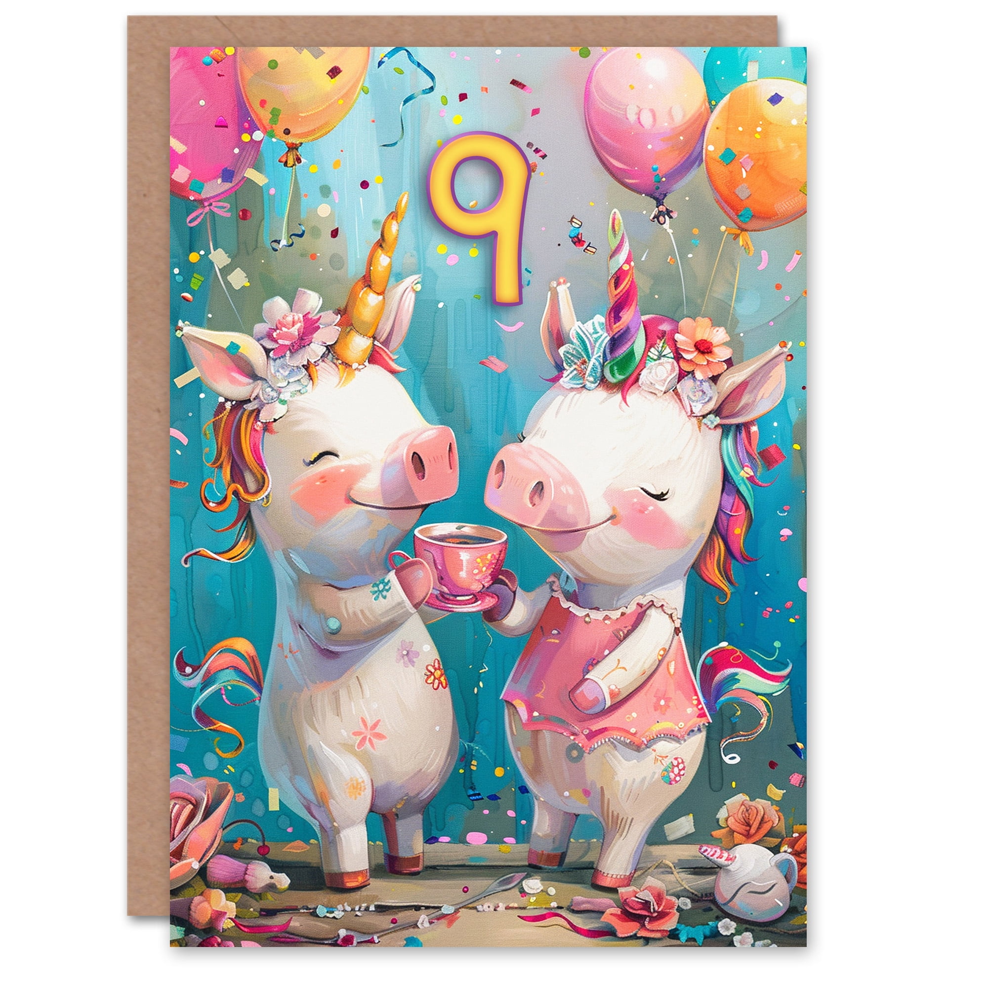 Artery8 Birthday Card Cute Pig Unicorn Piglet Party Balloons 9th 9 Year ...