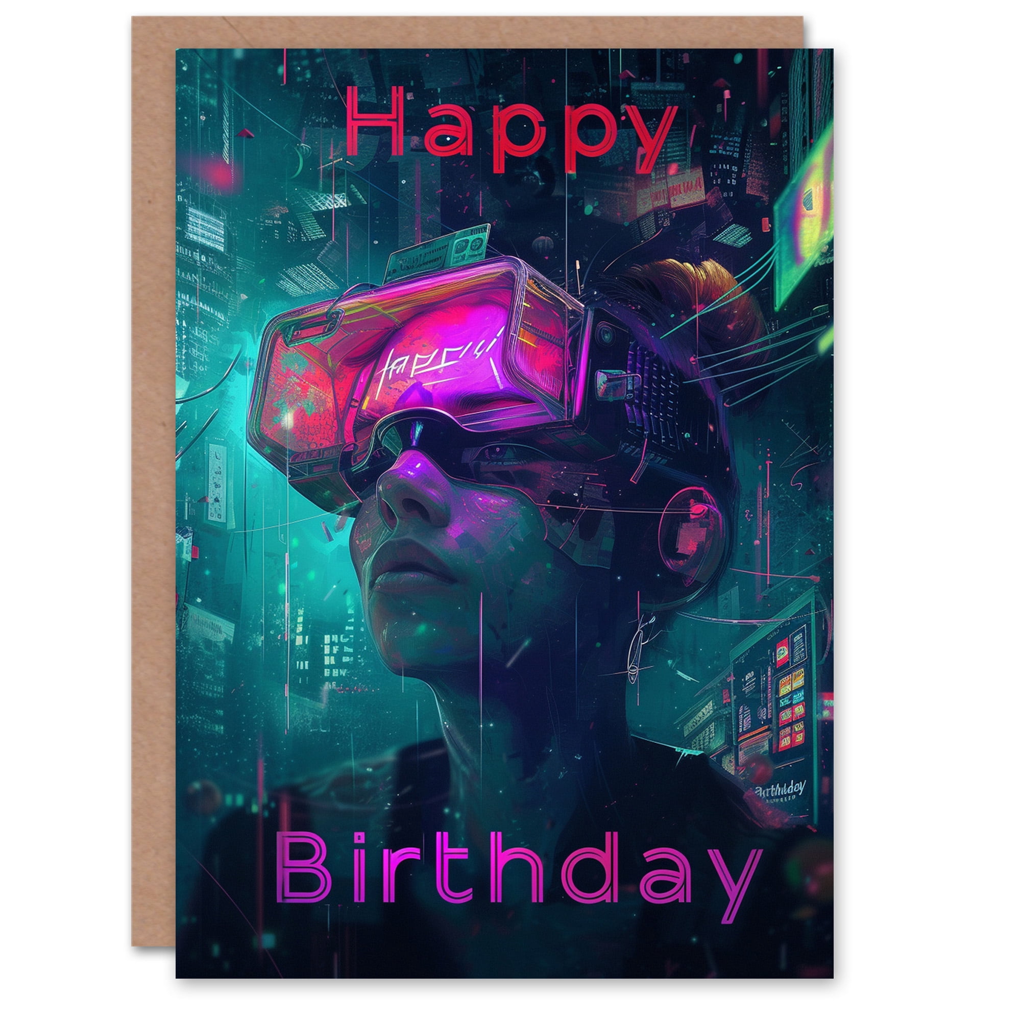 Artery8 Birthday Card Cyberpunk Woman Portrait VR Neon For Him Man Male ...